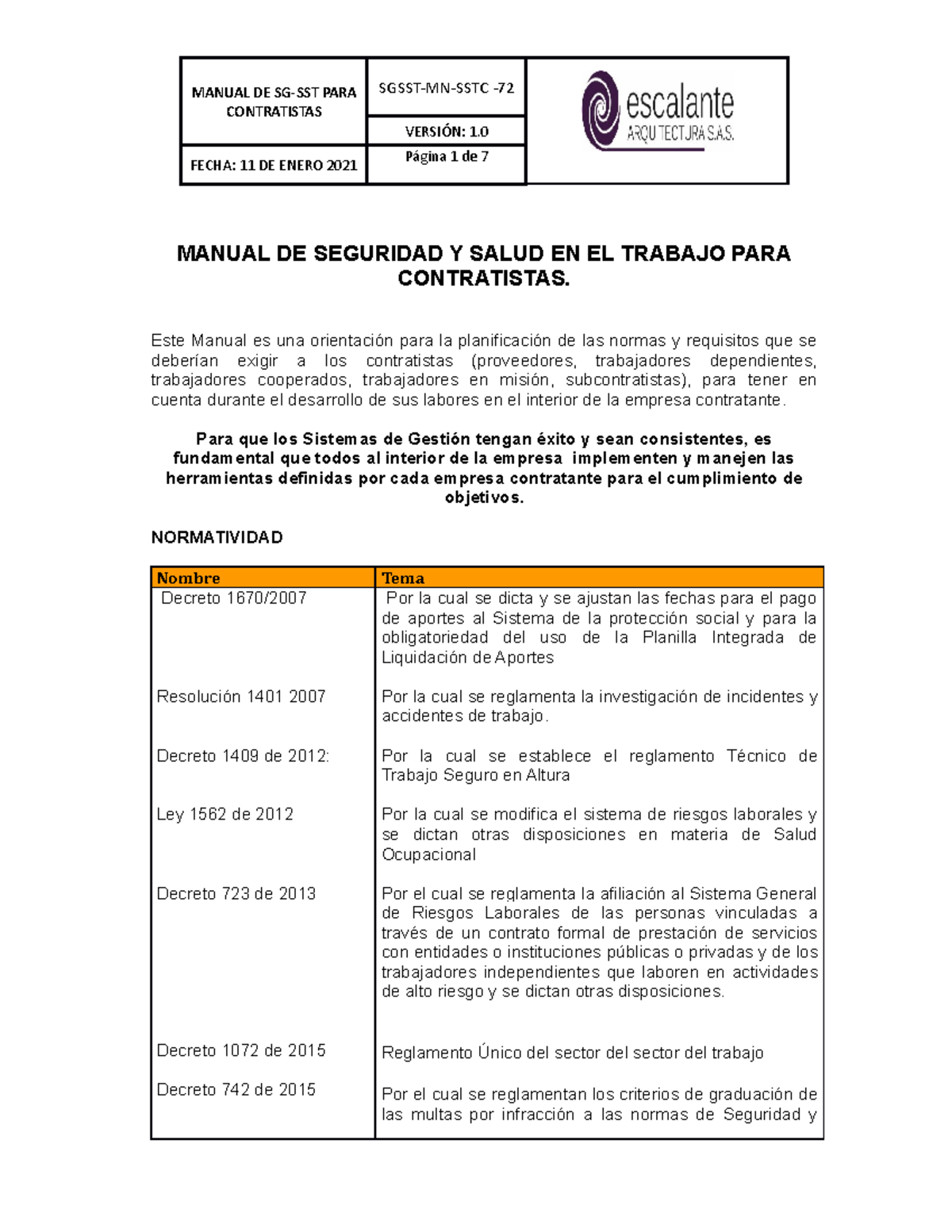 72-Manual Contratistas - MANUAL DE SG-SST PARA CONTRATISTAS VERSIÓN: 1. FECHA: 11 DE ENERO 2021 ...