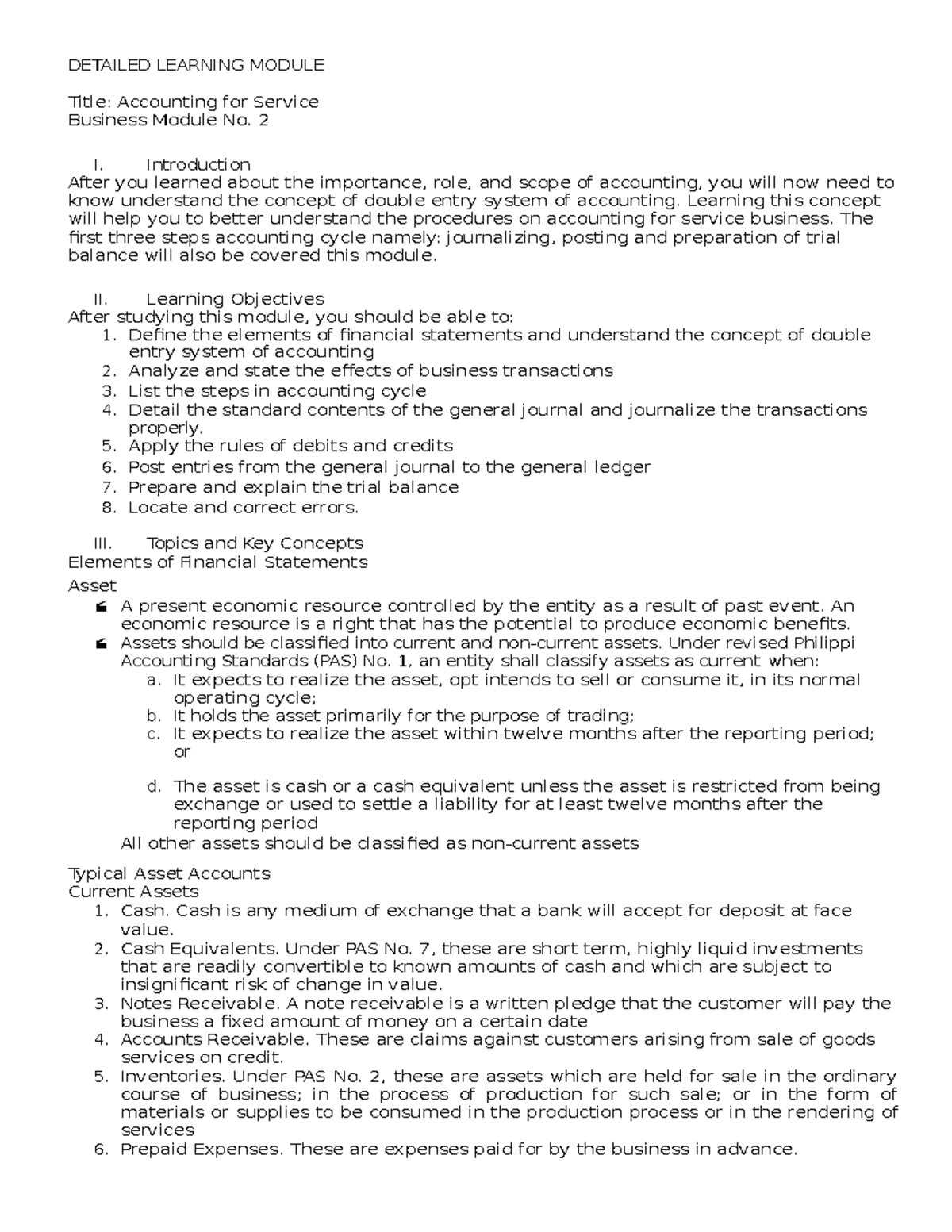 Module 1 - DETAILED LEARNING MODULE Title: Accounting for Service ...