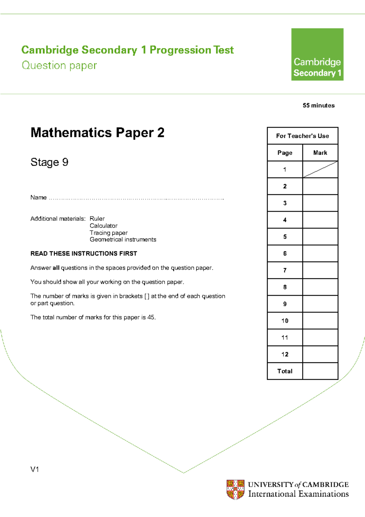 Secondary Progression Test Stage 9 english - © UCLES 2011 P110/02/A/M ...