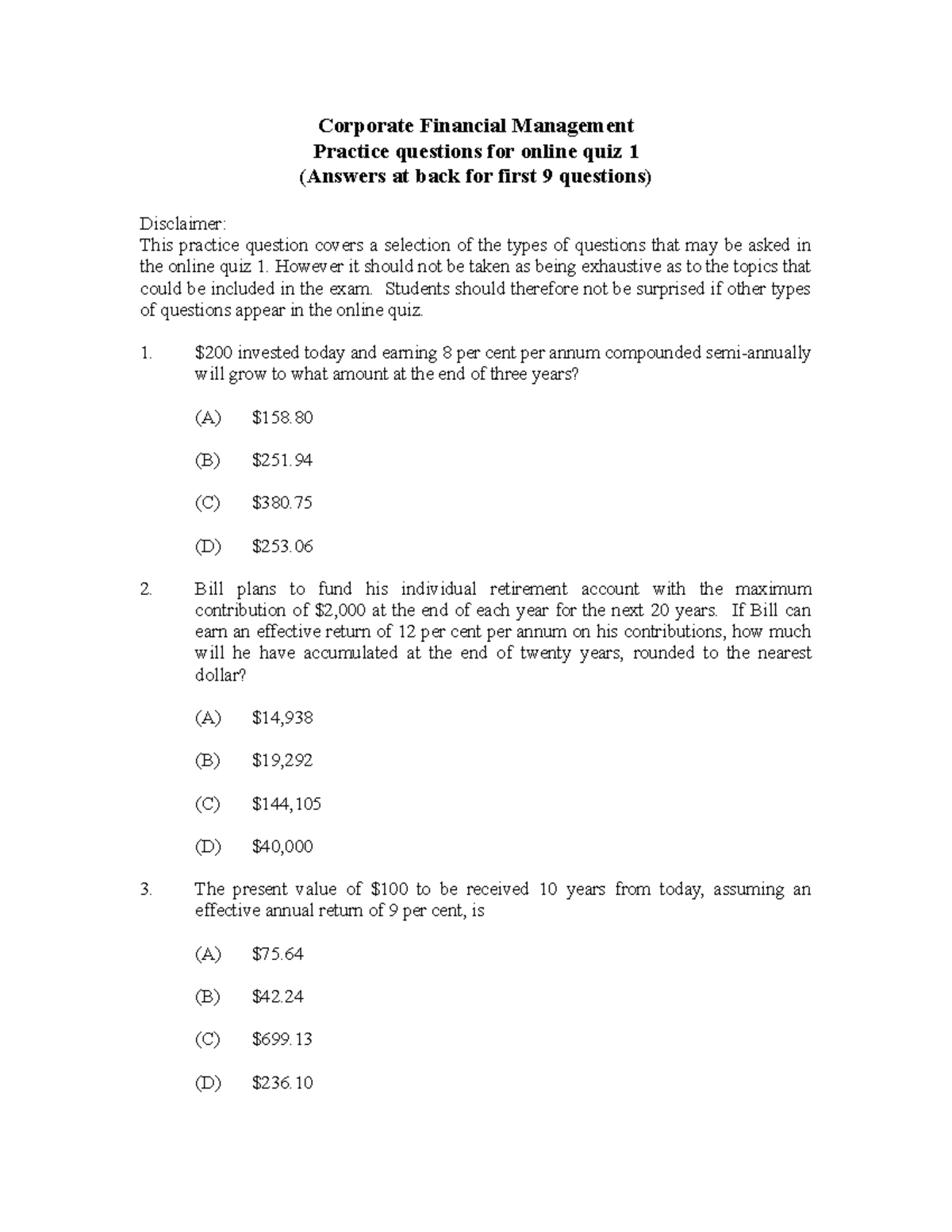 Practice questions for online quiz 1 - Corporate Financial Management ...