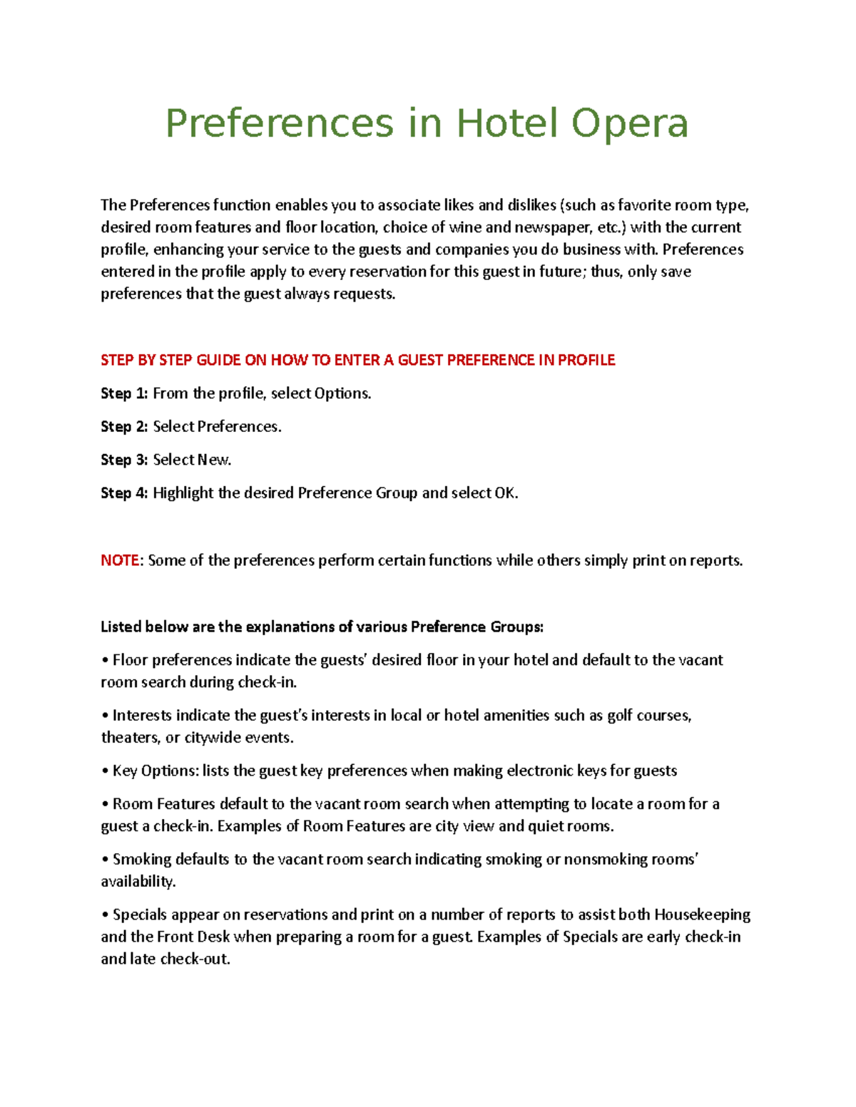 Preferences in Hotel Opera - International Hospitality Management - Studocu