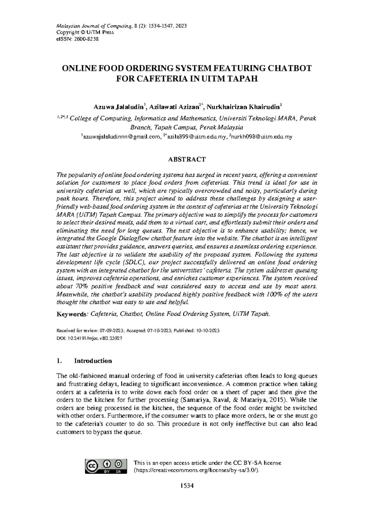 Chatbot paper - Malaysian Journal of Computing, 8 (2): 1534-1547, 2023 ...