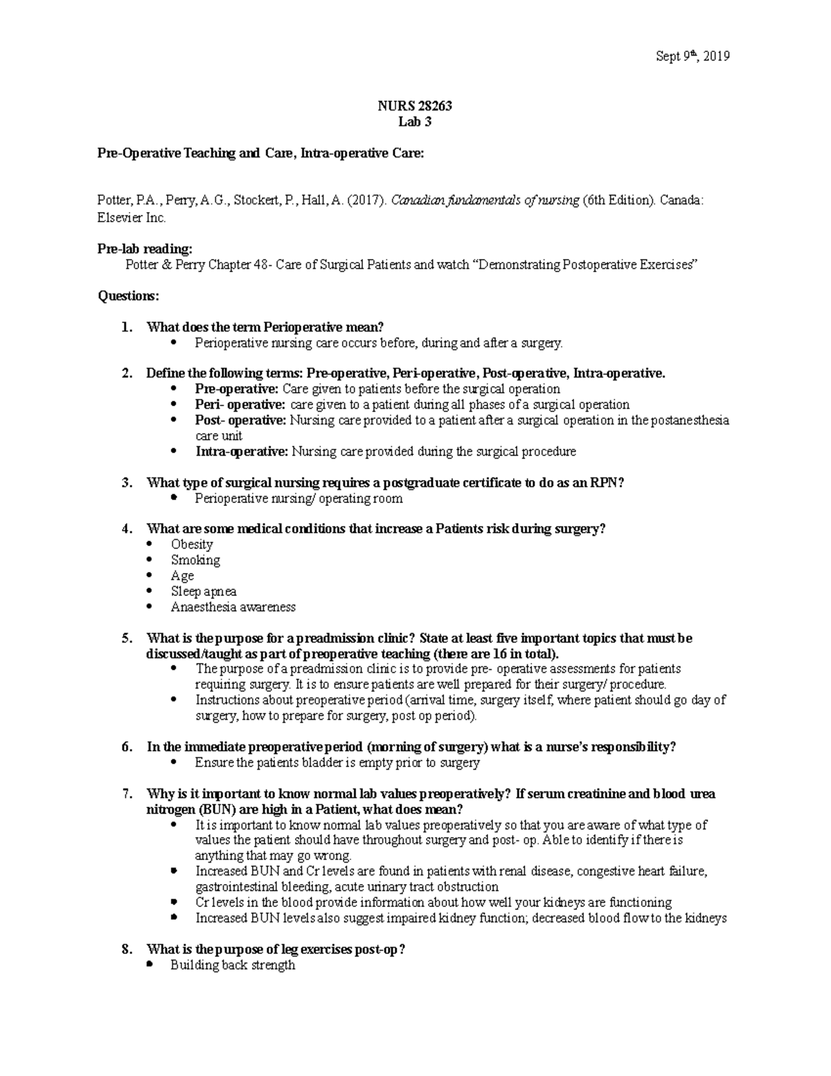 Module 1- Pre-operative Care Pre- Lab Reading 2019 - Sept 9th, 2019 ...