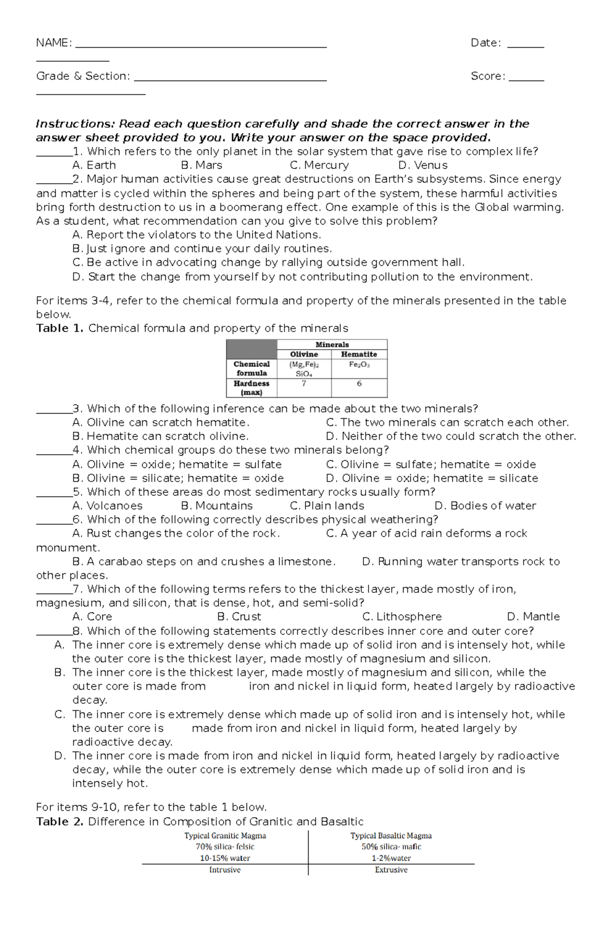 ELS Diagnostic Test - NAME: Date: Grade & Section: Score: Instructions ...