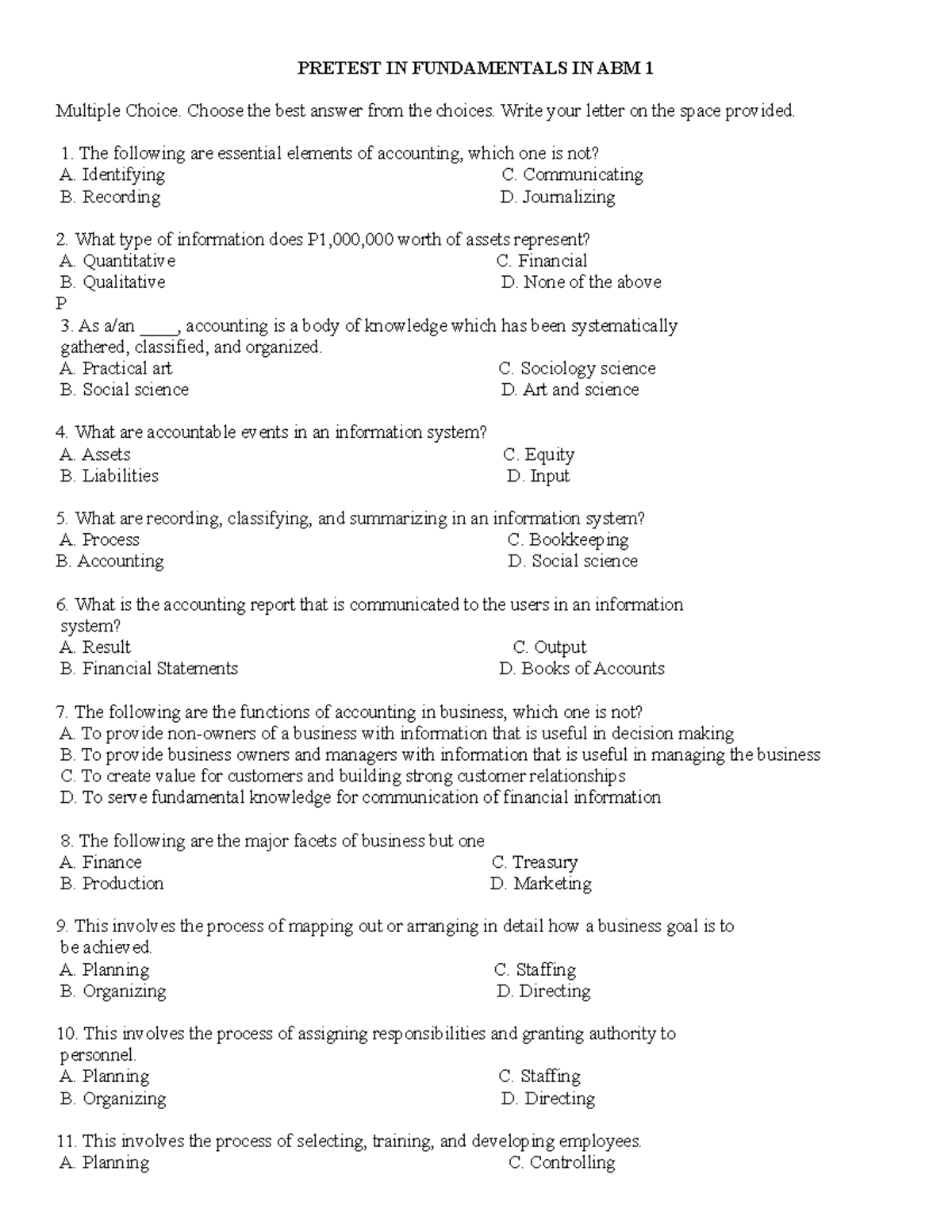 Quiz IN Fundamentals of ABM 1 - PRETEST IN FUNDAMENTALS IN ABM 1 ...