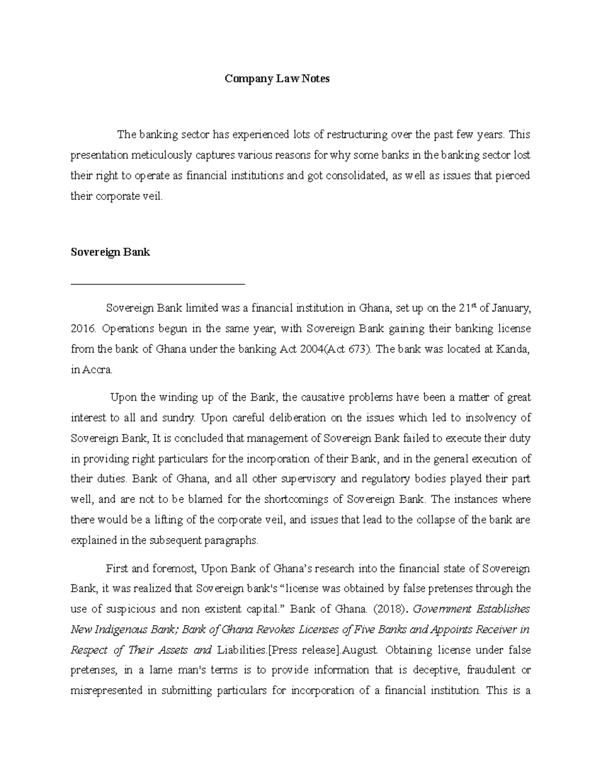 Company Law Notes - Corporate Veil - Company Law Notes The banking ...