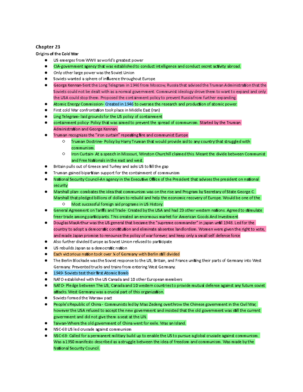 Chapter 23 - Reading Notes - Chapter 23 Origins of the Cold War US ...