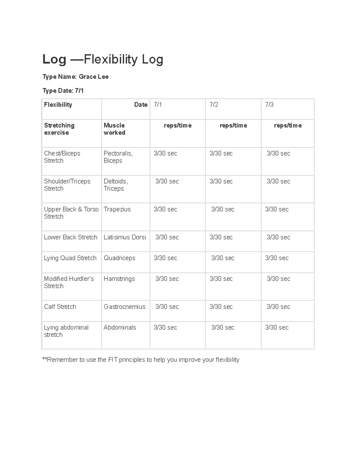 Flexibility cardio muscular workout log - Log —Flexibility Log Type ...