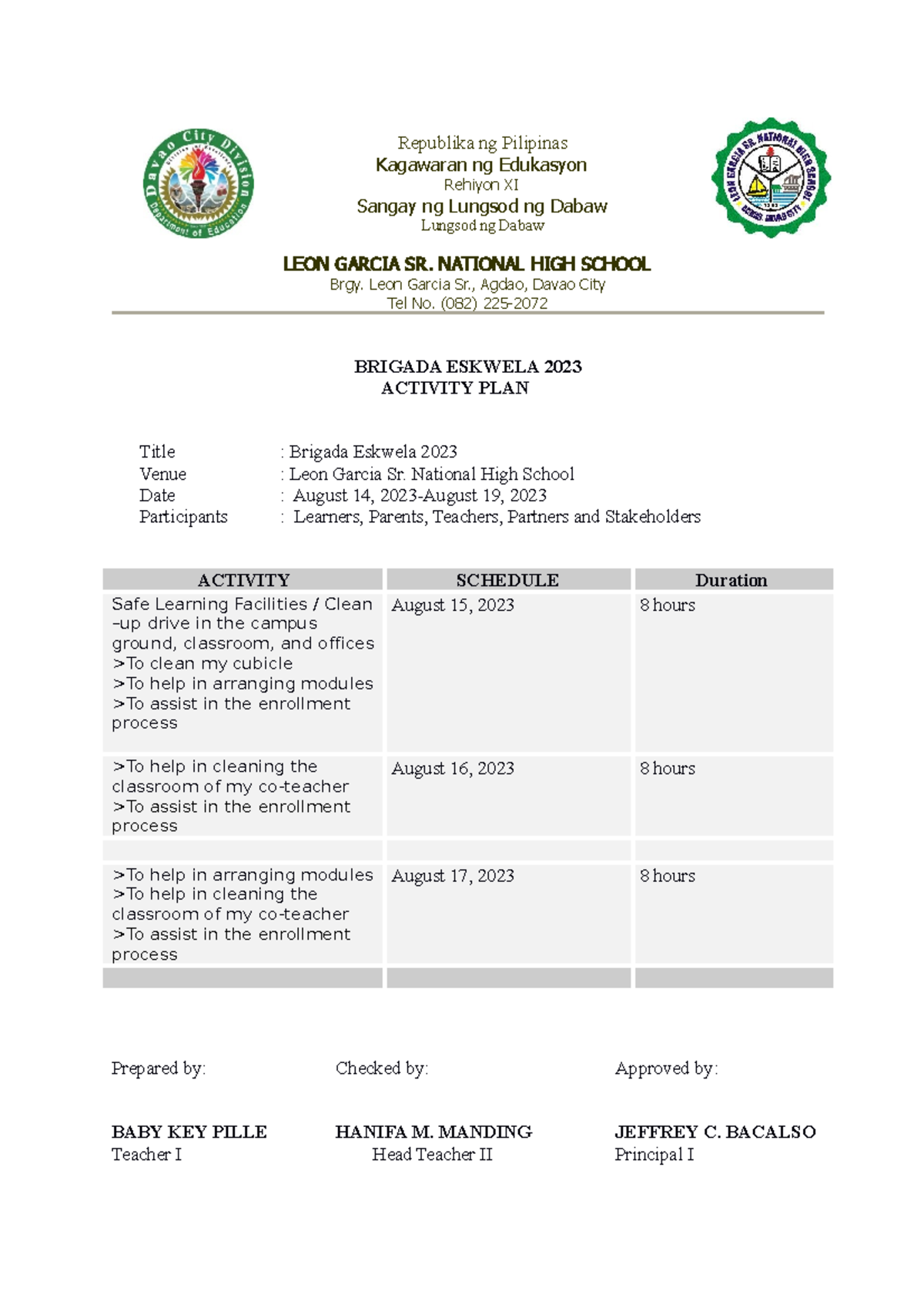 Brigada Activity PLAN 2023 Pille - Republika ng Pilipinas Kagawaran ng ...