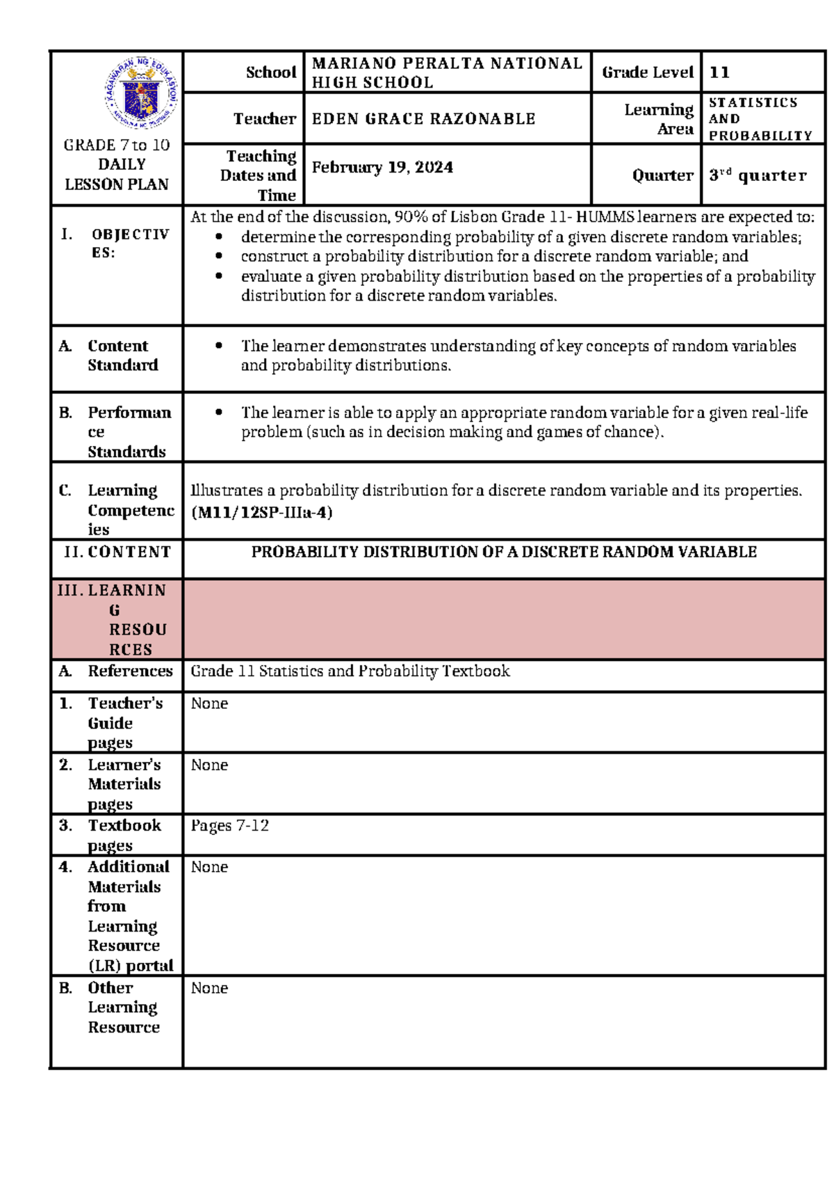 Probability Distribution of a Discrete Random Variable Statistics and Probability Grade 11 ...