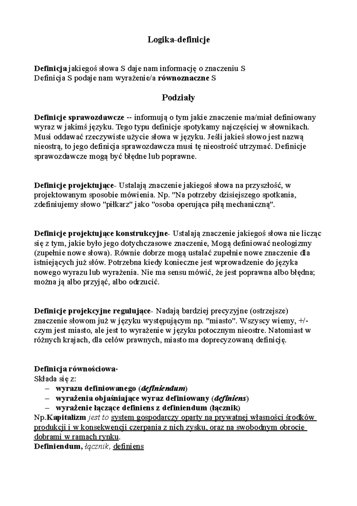 Definicje - Logika-definicje Definicja jakiegoś słowa S daje nam ...