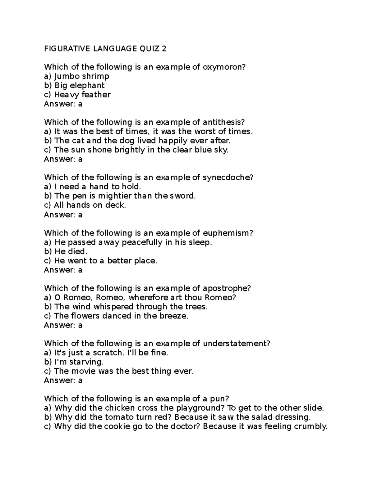 Figurative Language QUIZ 2 FIGURATIVE LANGUAGE QUIZ 2 Which Of The