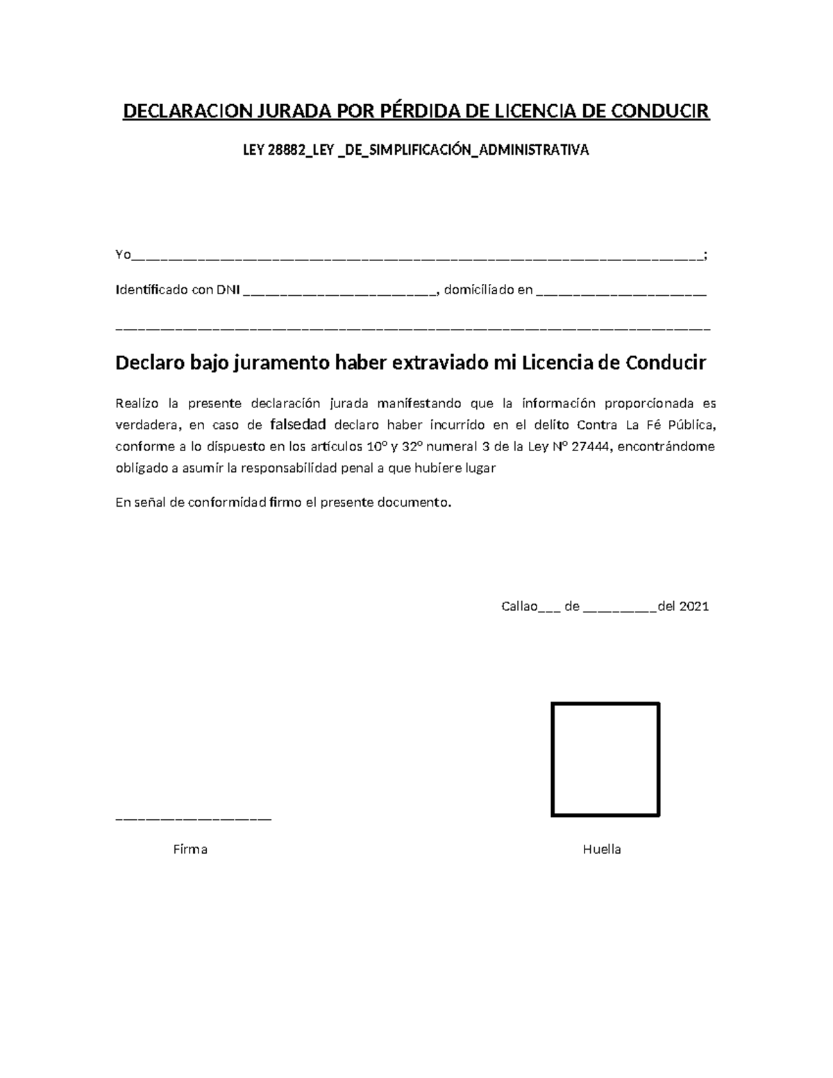 Modelo de Declaración jurada de la perdida de licencia de conducir - DECLARACION JURADA POR ...