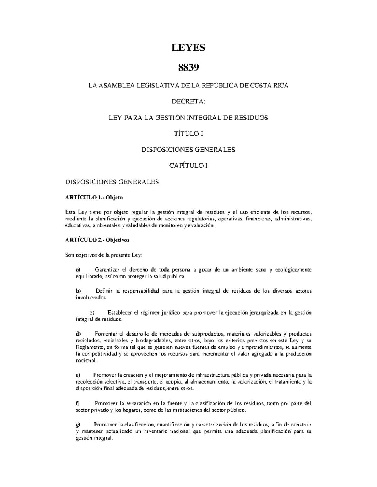 Ley 8839 Ley Gestion Integral Residuos - LEYES 8839 LA ASAMBLEA LEGISLATIVA DE LA DE COSTA RICA ...