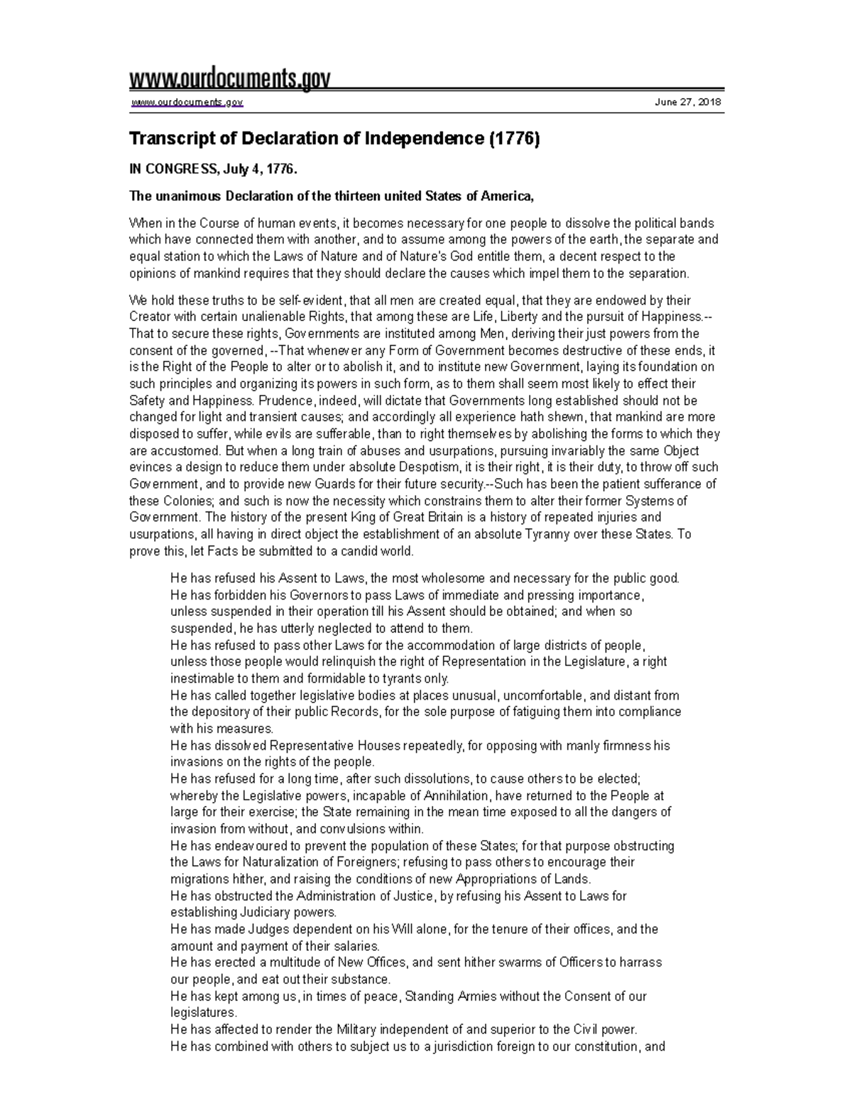 Declaration of Independence (1776) - ourdocuments June 27, 2018 ...