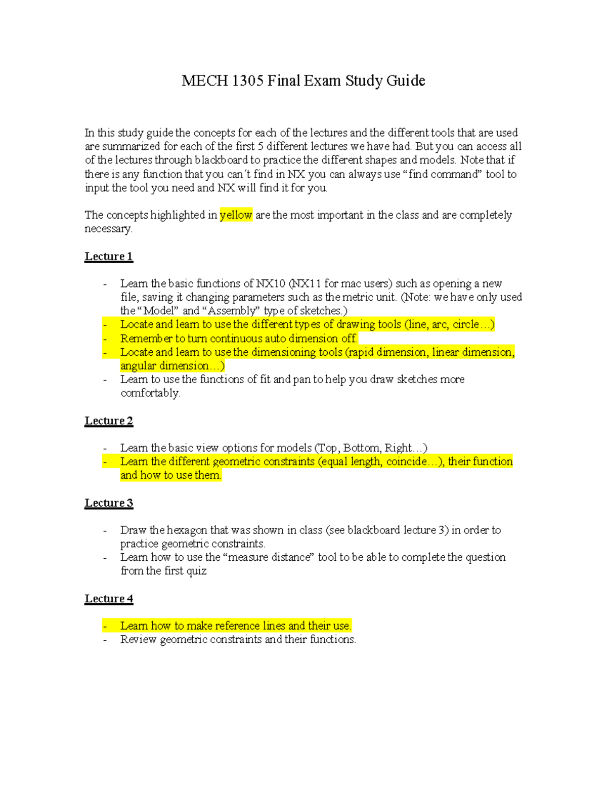 MECH 1305 Exam Study Guide - MECH 1305 Final Exam Study Guide In this ...