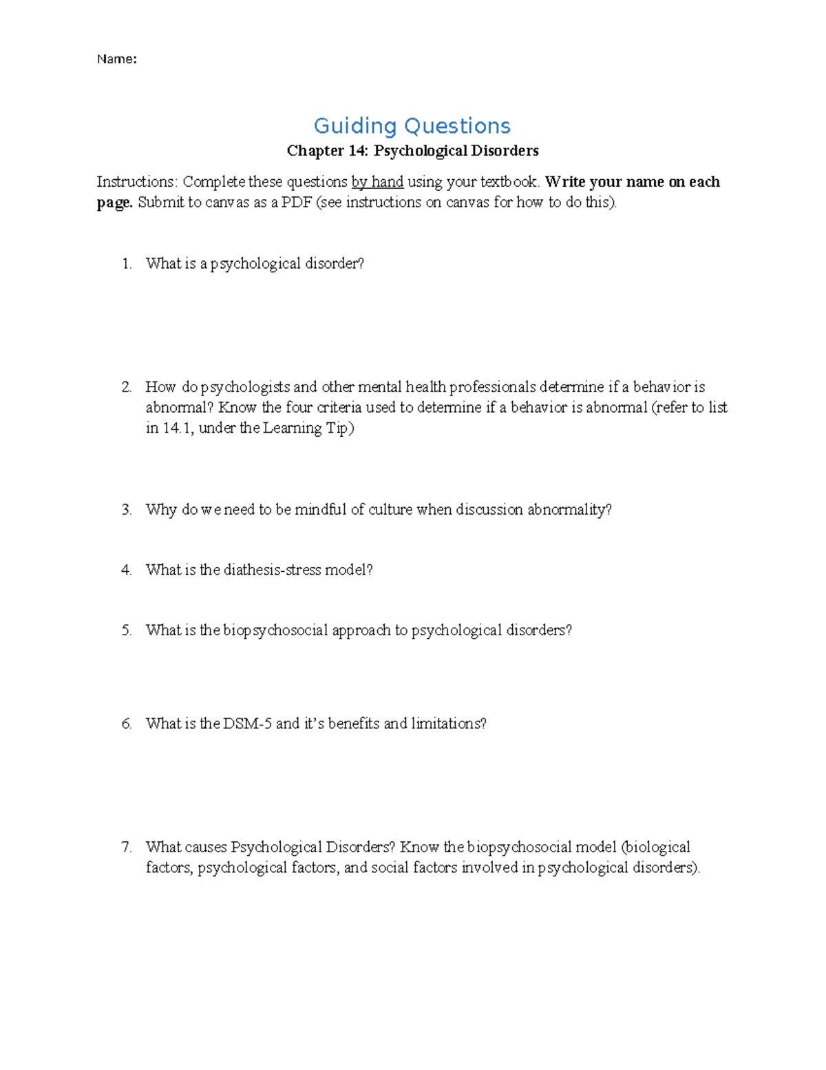 Chapter 14 Guiding Questions Disorders (1) - Guiding Questions Chapter 14: Psychological ...