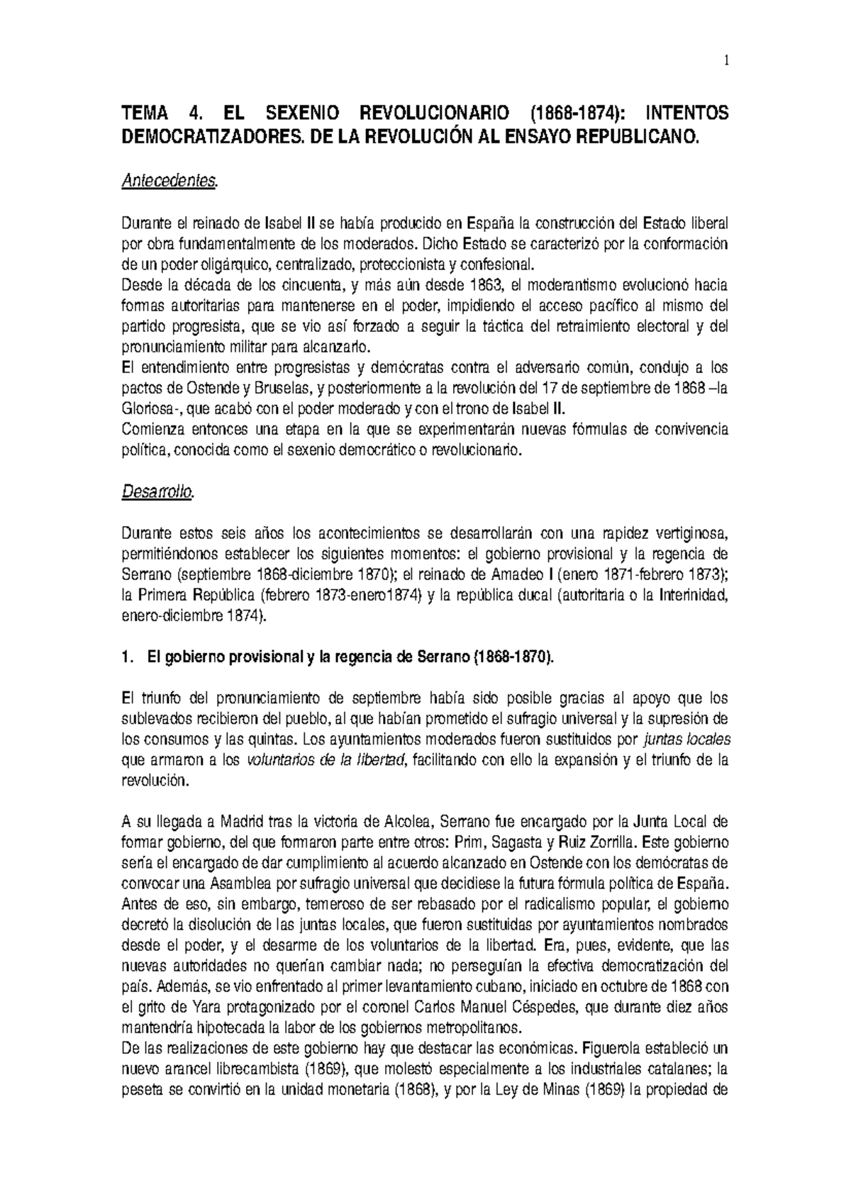 TEMA 4 PAU - Historia Universal - TEMA 4. EL SEXENIO REVOLUCIONARIO (1868-1874): INTENTOS - Studocu