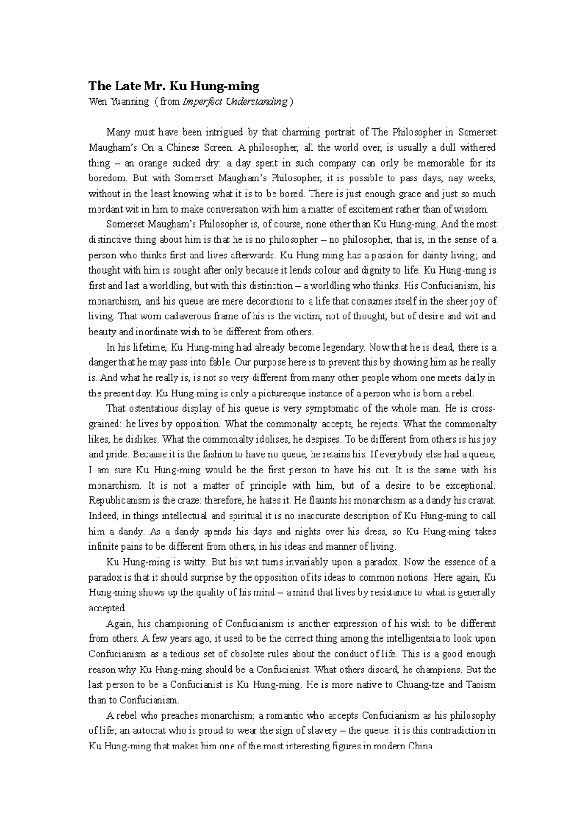 Unit 1 The Late Mr. Ku Hung-ming - The Late Mr. Ku Hung-ming Wen ...