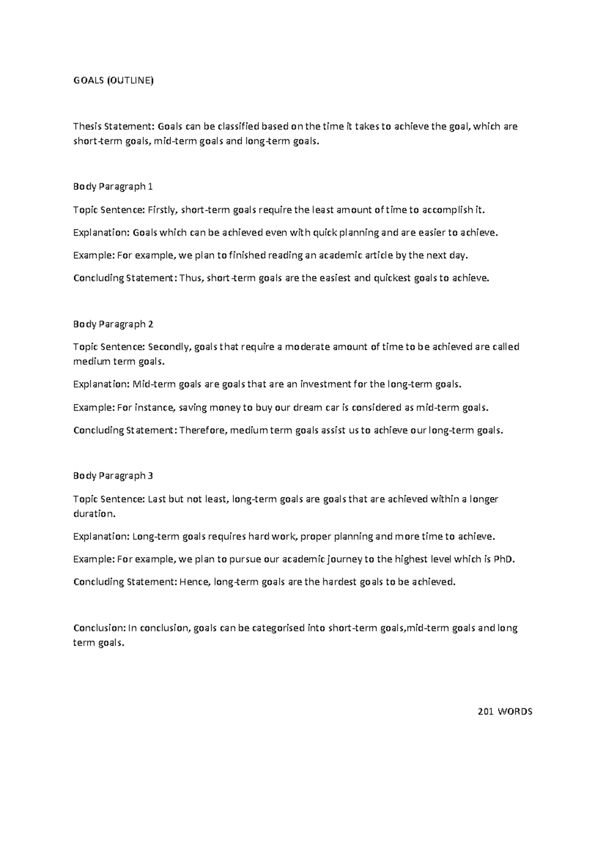 Goals Outline - GOALS (OUTLINE) Thesis Statement: Goals can be ...