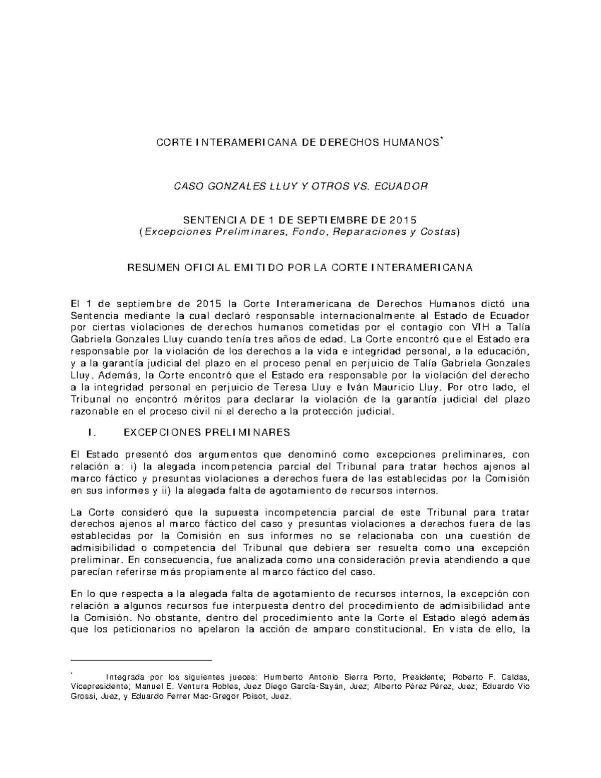 Unidad II - Caso Gonzales Lluy y otros vs. Ecuador, Corte IDH - CORTE I N TERAM ERI CAN A D E D ...