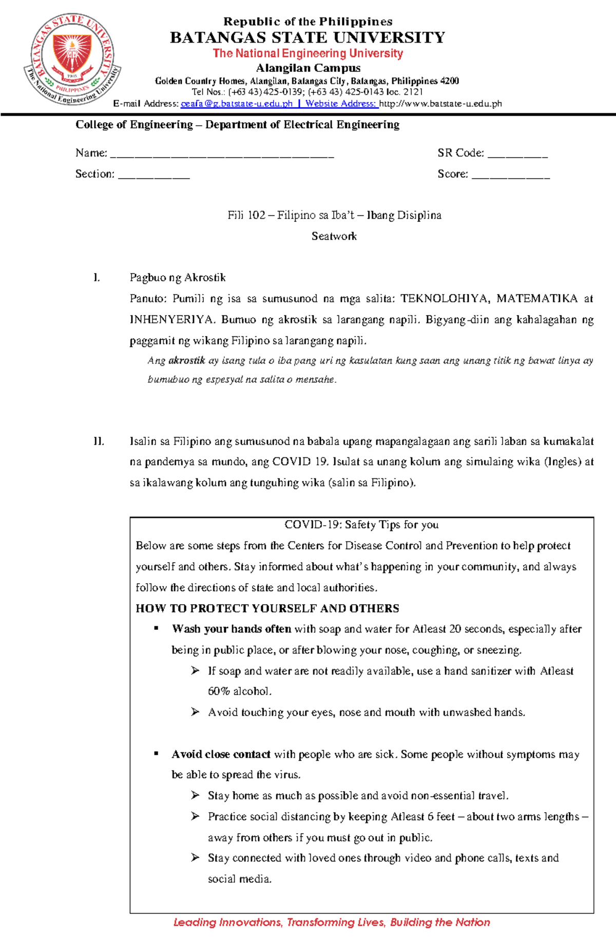 Seatwork-2 - EE Materials - Republic of the Philippines BATANGAS STATE ...