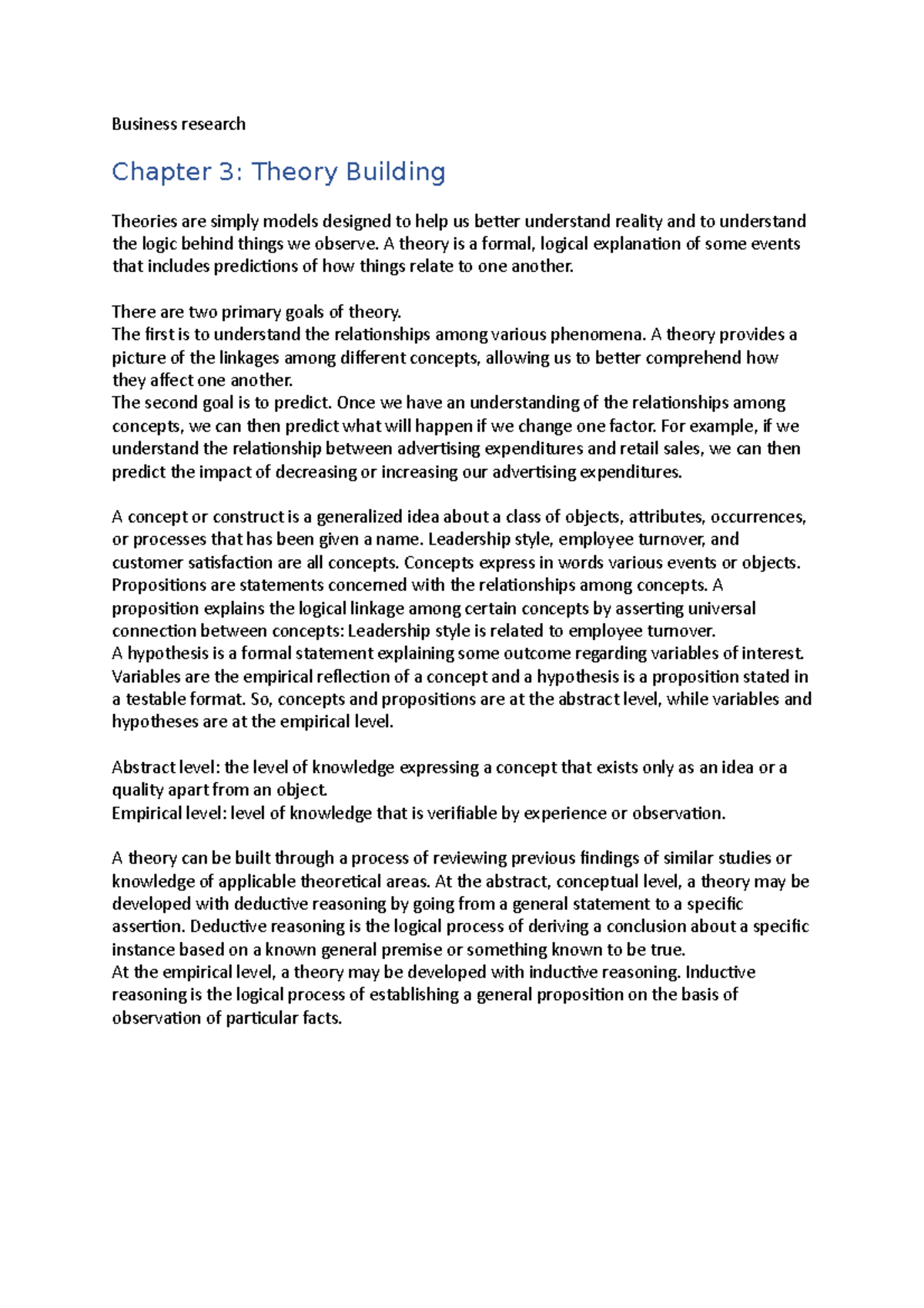 ALL Chapters - Business research Chapter 3: Theory Building Theories ...