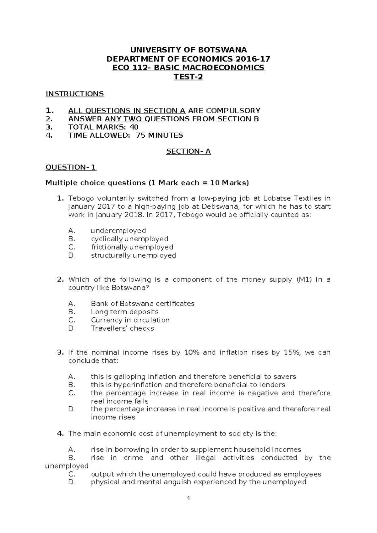 ECO 112 Test 2 sample paper 2 - UNIVERSITY OF BOTSWANA DEPARTMENT OF ...