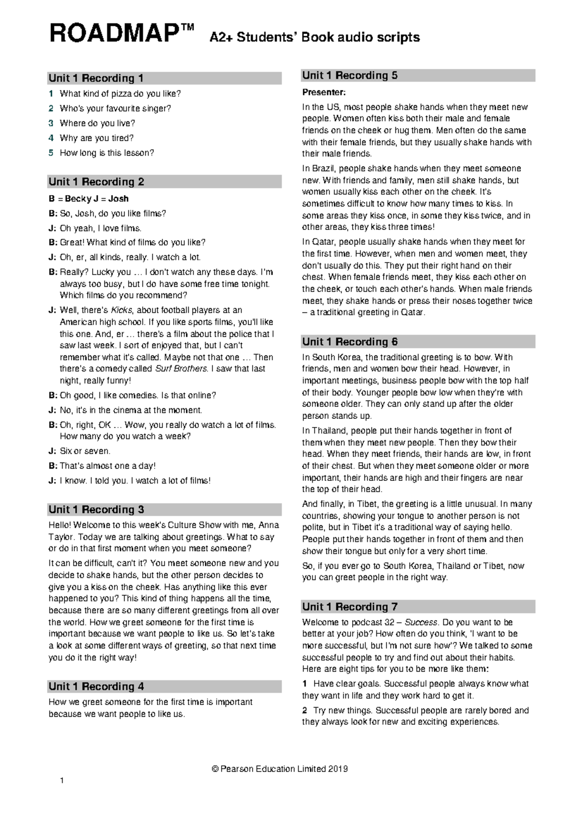 RM A2P SB audio scripts - ROADMAP A2+ Students’ Book audio scripts ...