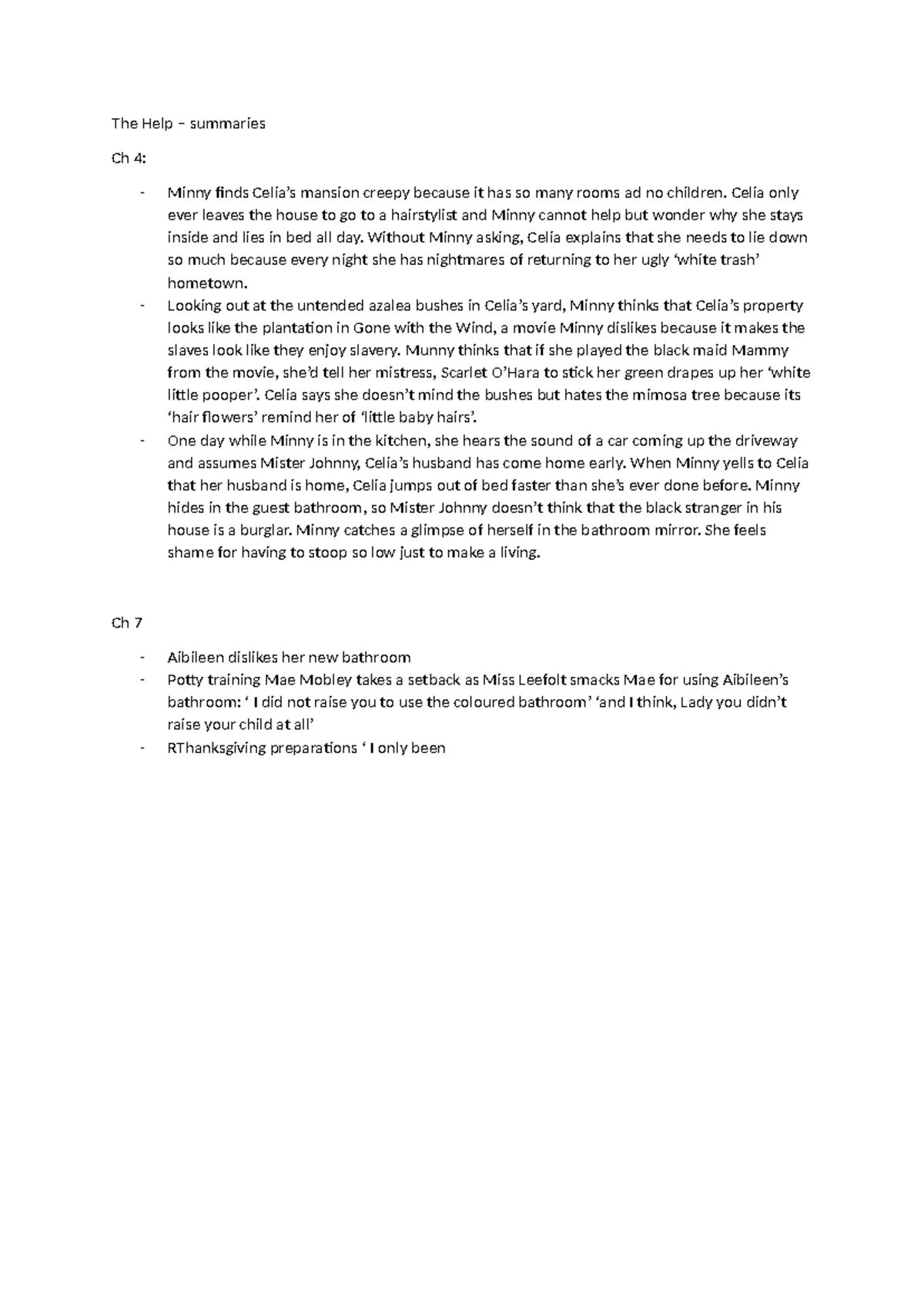 The Help - Chapter summaries - The Help – summaries Ch 4: - Minny finds ...