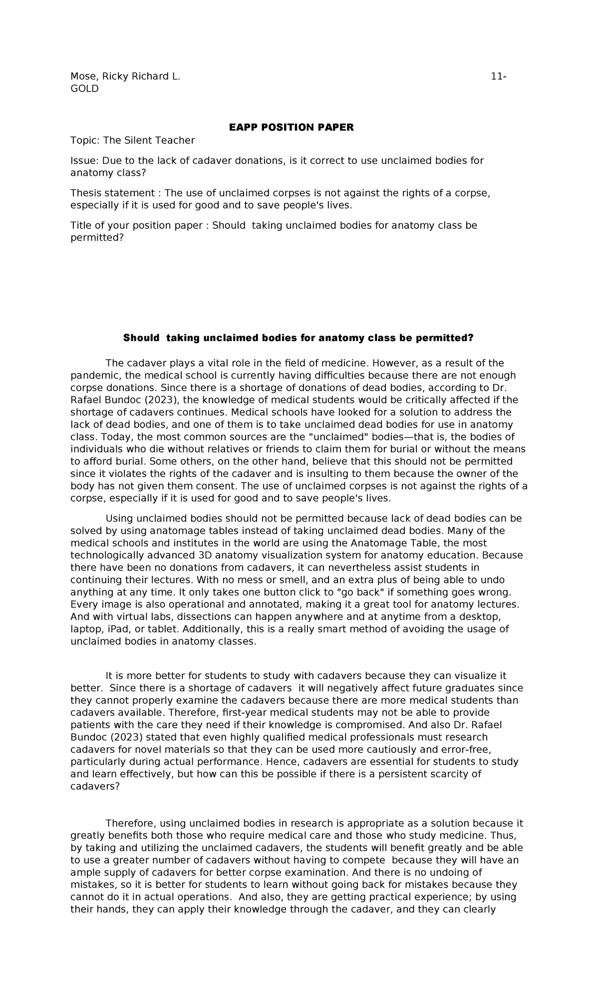 Position Paper of High school syudent - Mose, Ricky Richard L. 11- GOLD ...