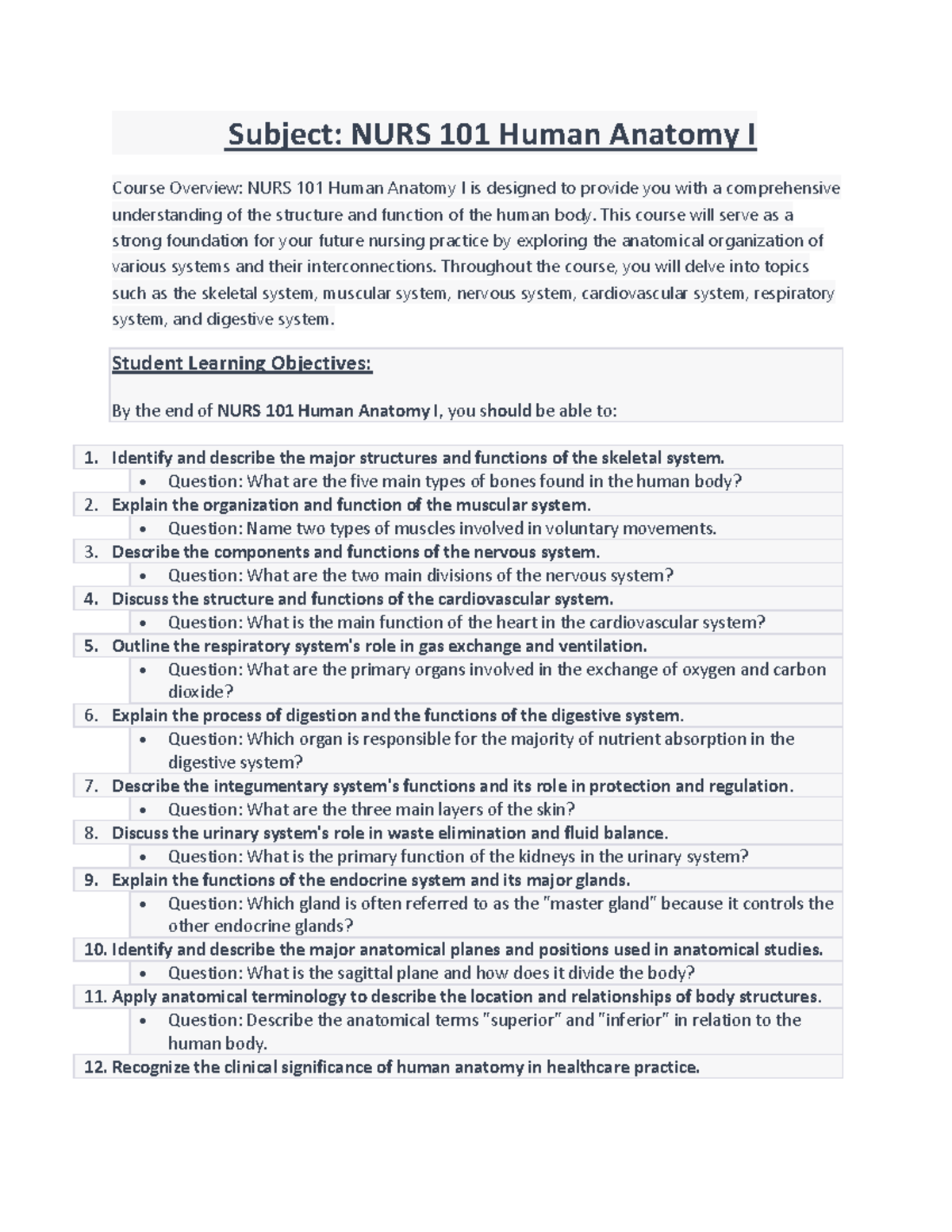 BSc NURS Human Anatomy I - Subject: NURS 101 Human Anatomy I Course ...