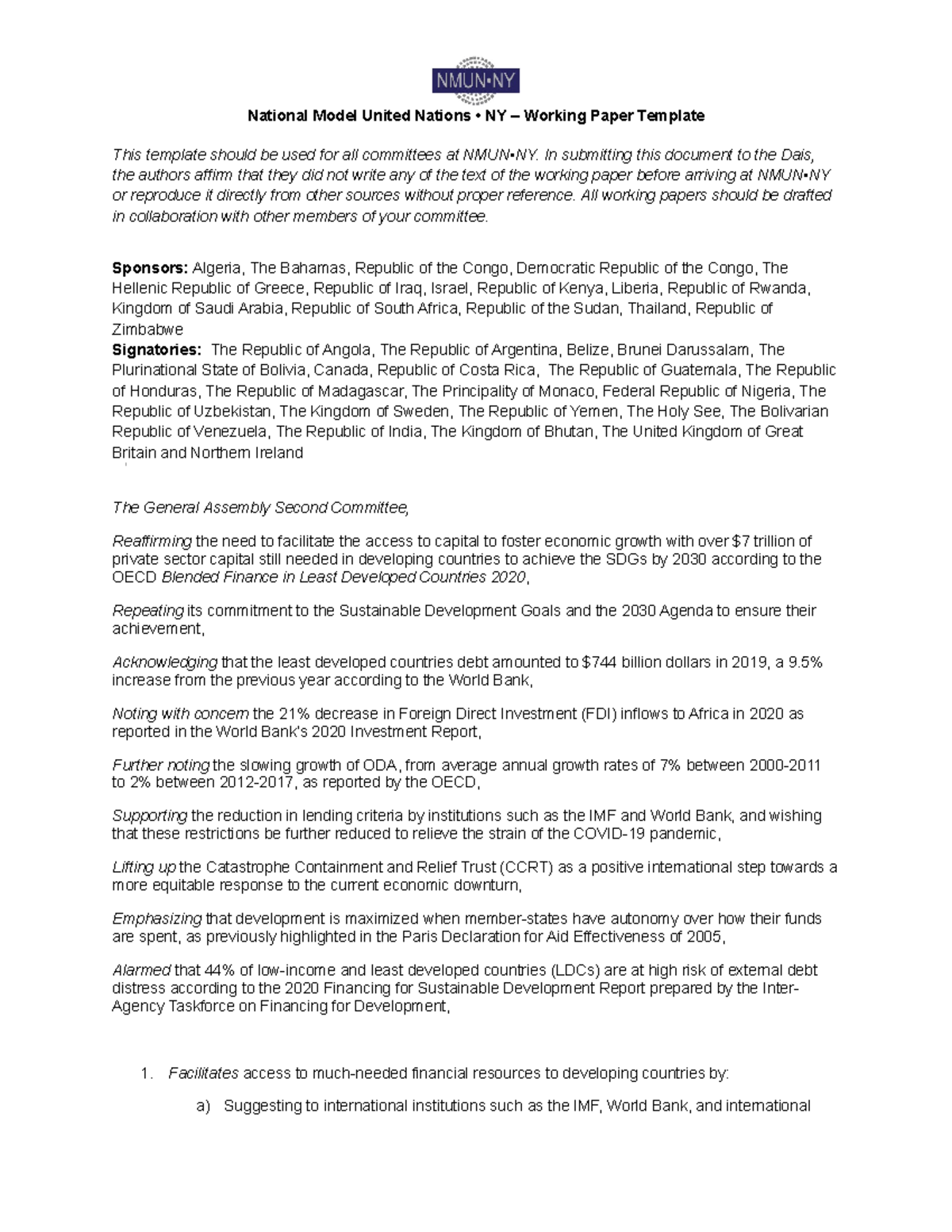 Working Paper SSA - IR SIM - National Model United Nations • NY ...