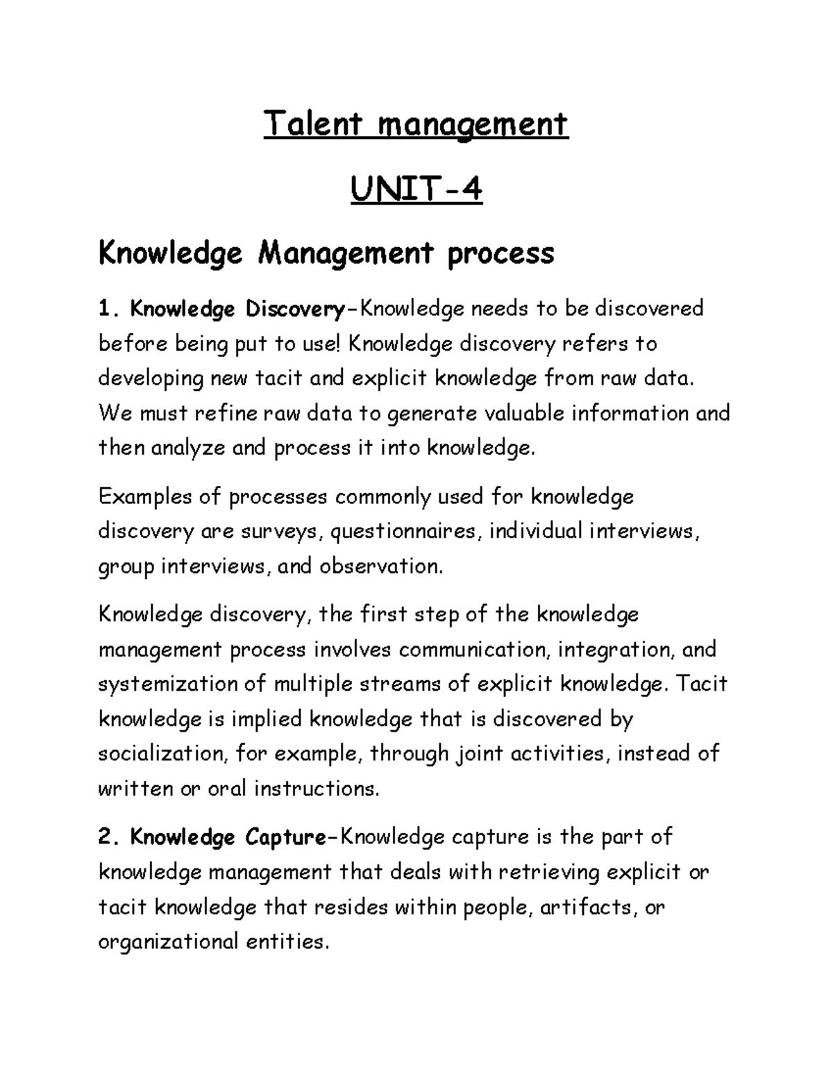 Talent management unit 4 - Talent management UNIT- Knowledge Management ...