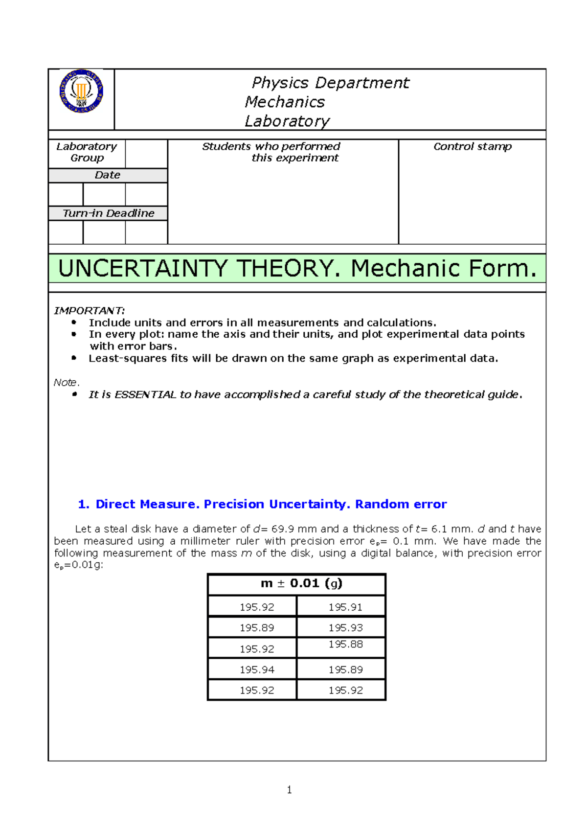 Uncertainly Mec form - lab 1 uncertainties doc - 1 Physics Department ...