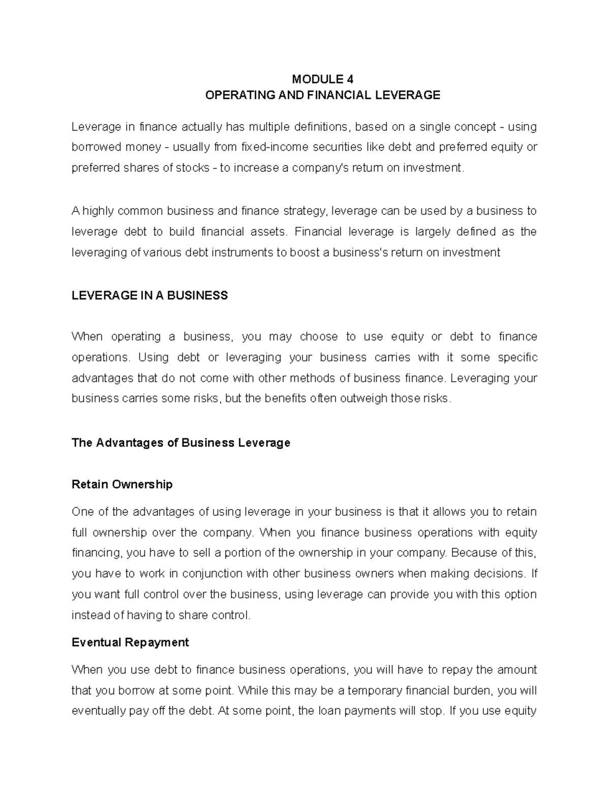 OPERATING AND FINANCIAL LEVERAGE - MODULE 4 OPERATING AND FINANCIAL ...