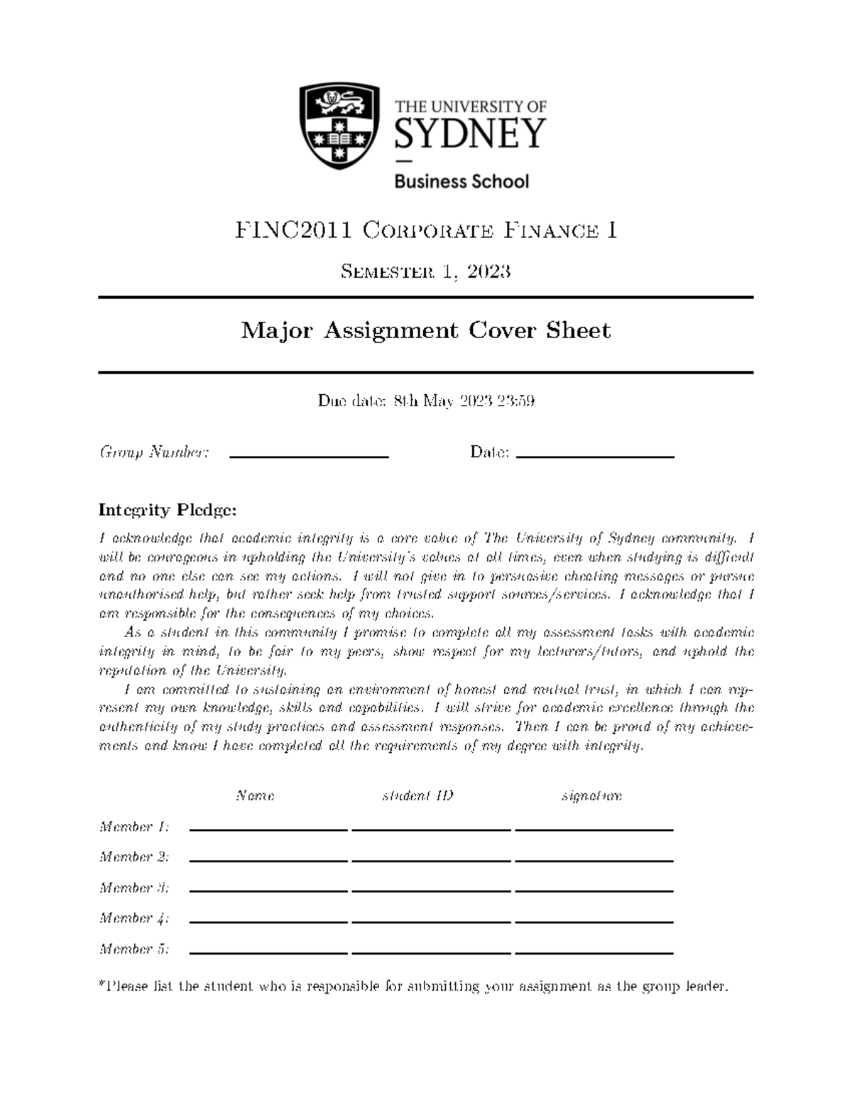 Coversheet-120202 - FINC2011 Corporate Finance I Semester 1, 2023 Major ...