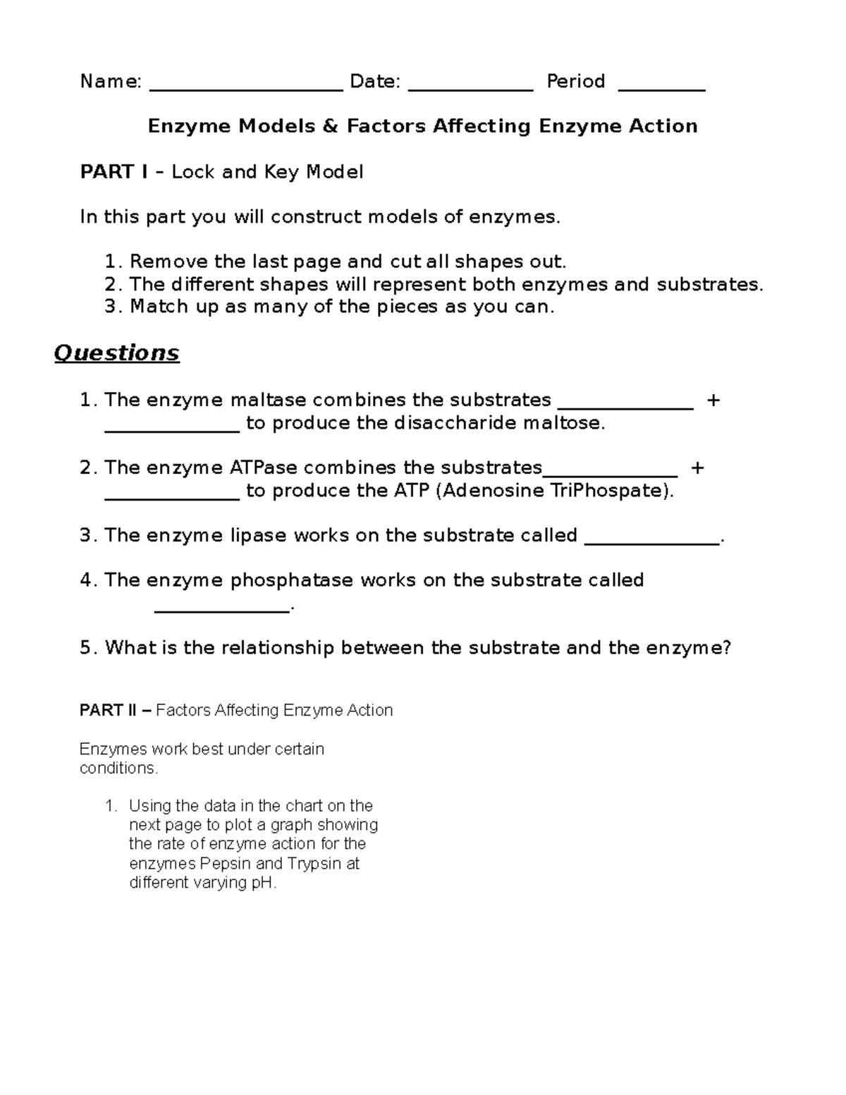 Enzyme Models & Factors Affecting Enzyme Action - Name ...