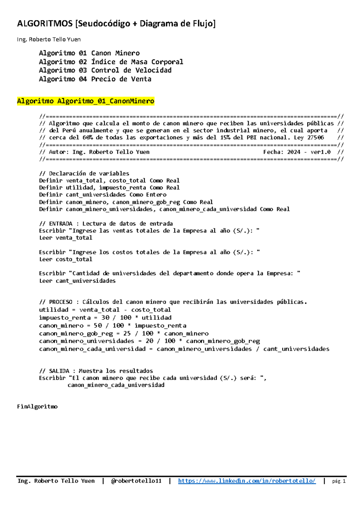 Algoritmos-4 Ejercicios Resueltos Pseint Roberto Tello Yuen ...