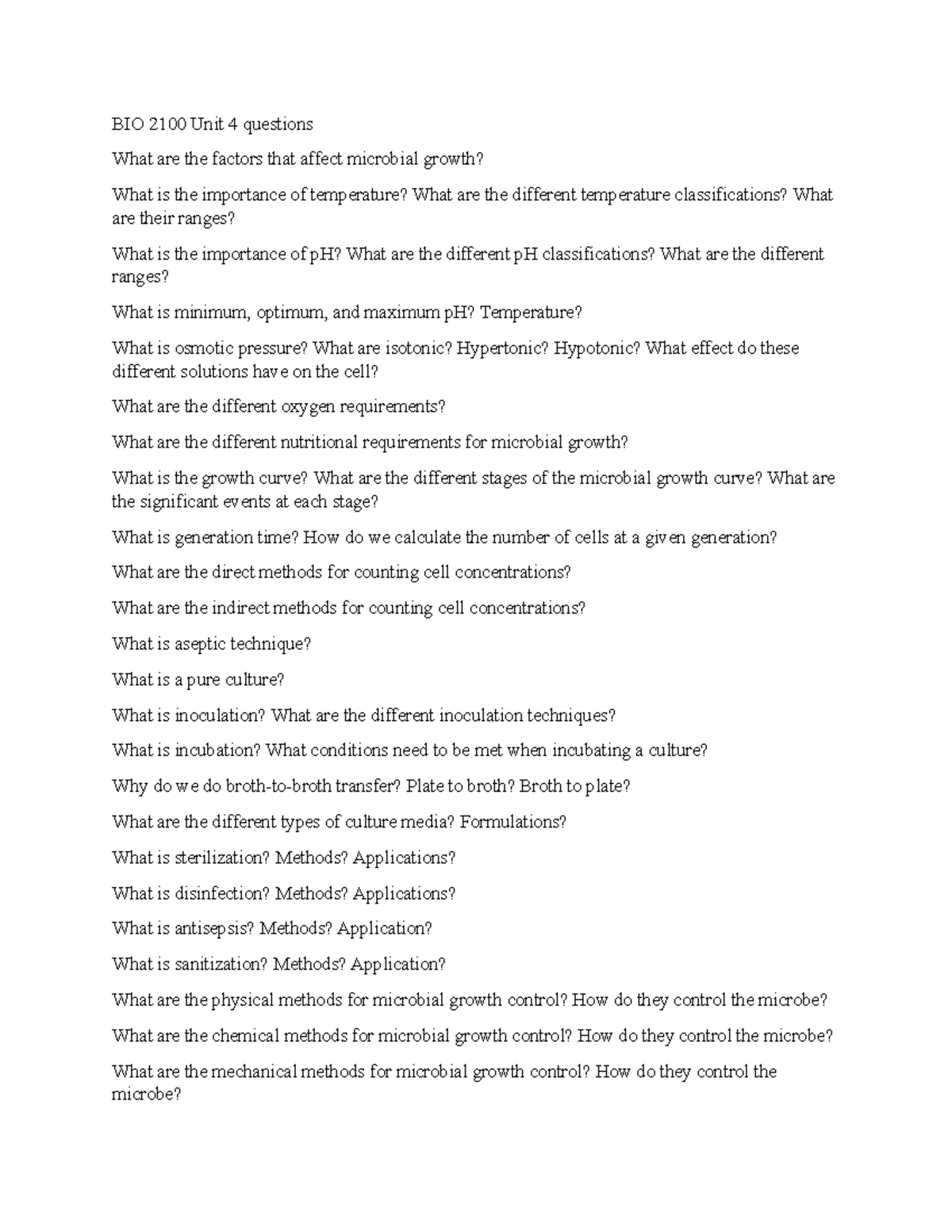BIO 2100 Unit 4 questions - BIO 2100 Unit 4 questions What are the ...