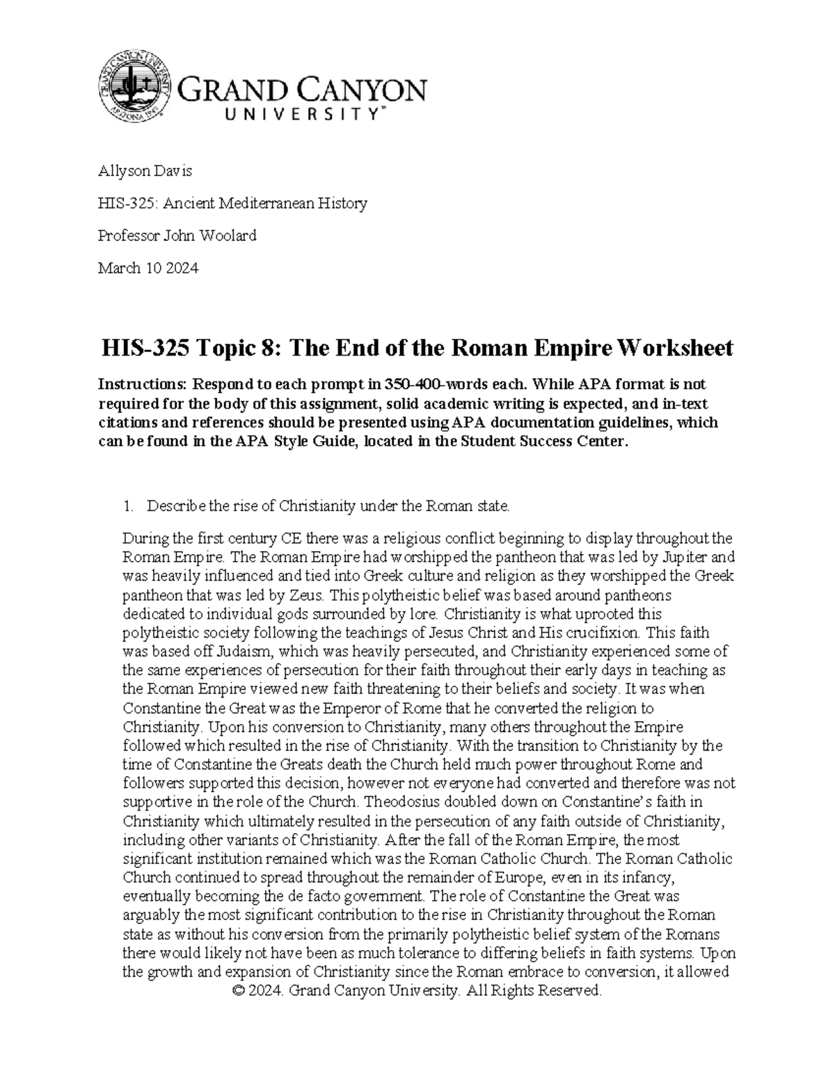 ADavis HIS-325 T8 The End of the Roman Empire Worksheet - Allyson Davis ...
