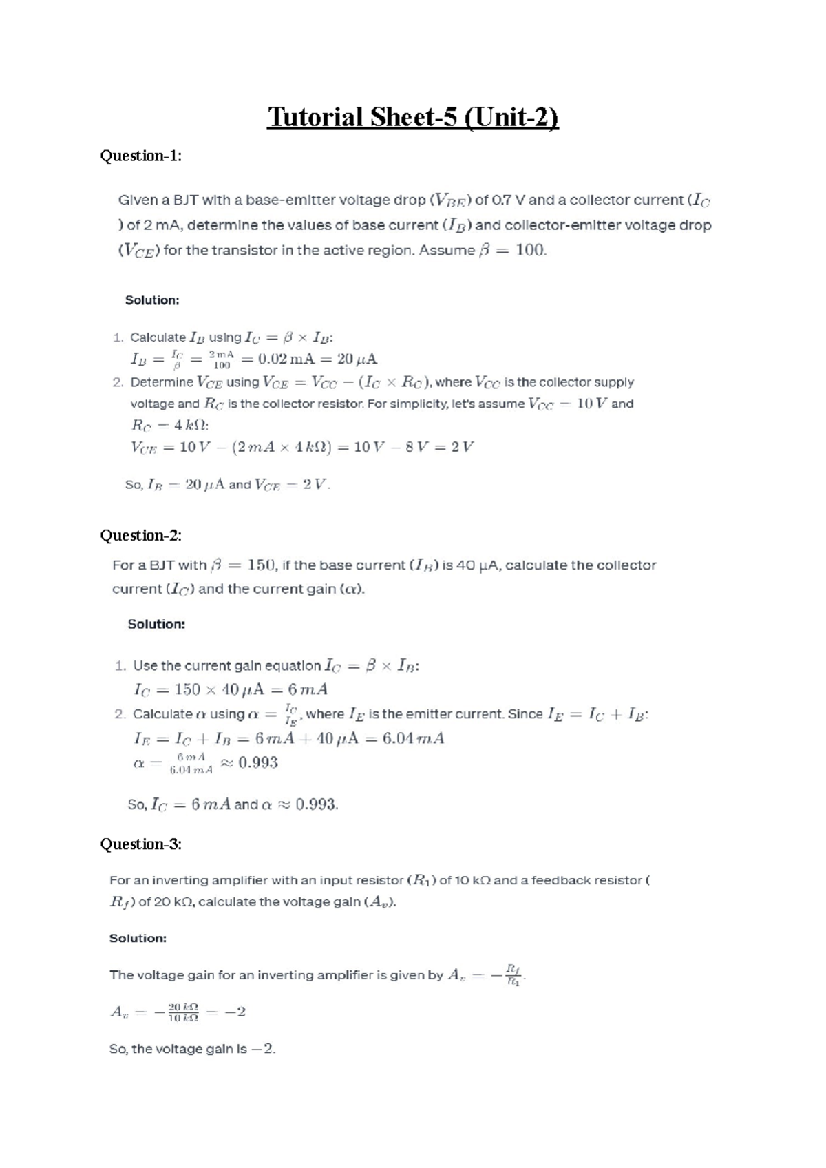 Tutorial Sheet 5 - electronics practice questions - Tutorial Sheet-5 ...