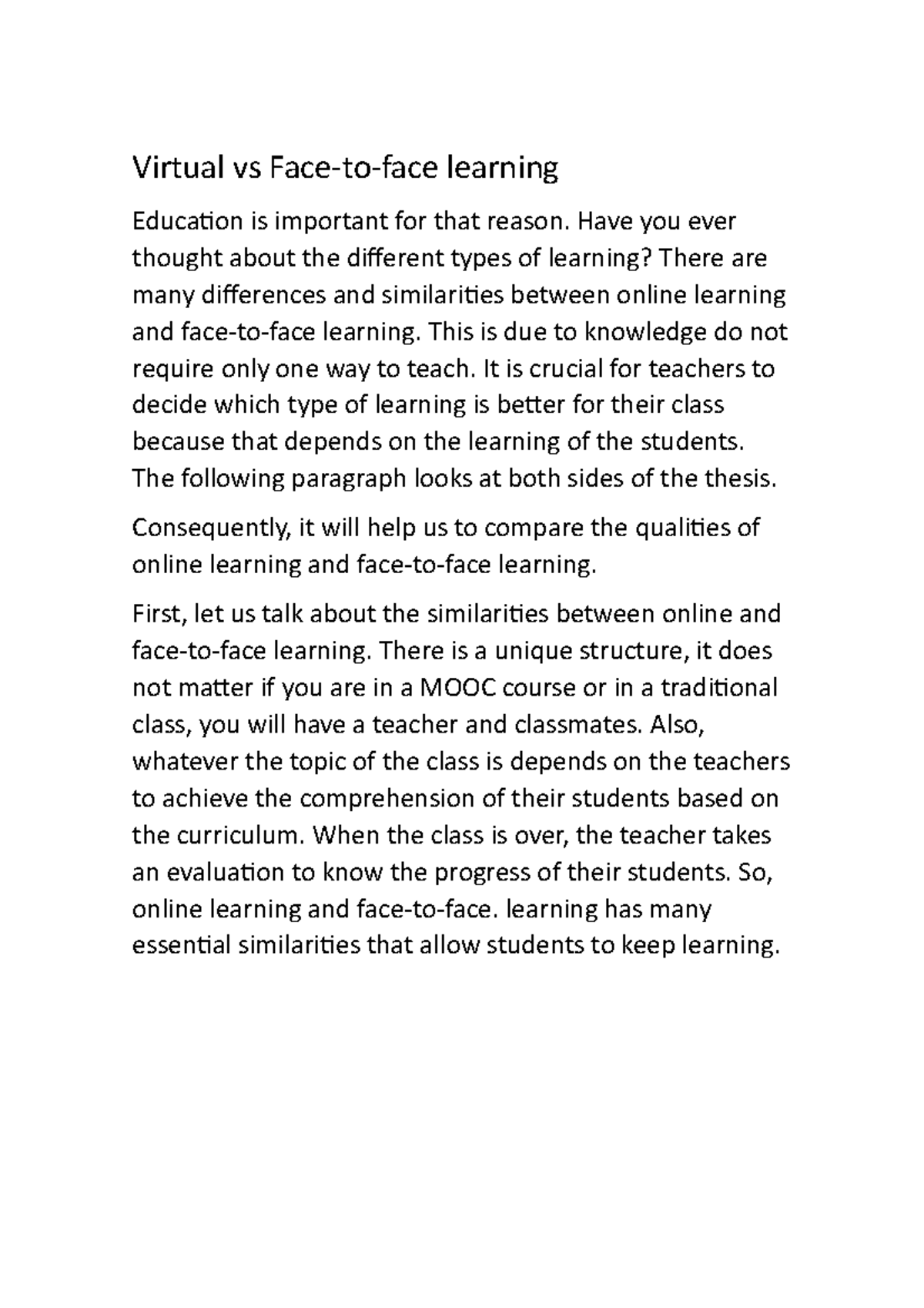 Virtual vs Face to face learning - Virtual vs Face-to-face learning ...