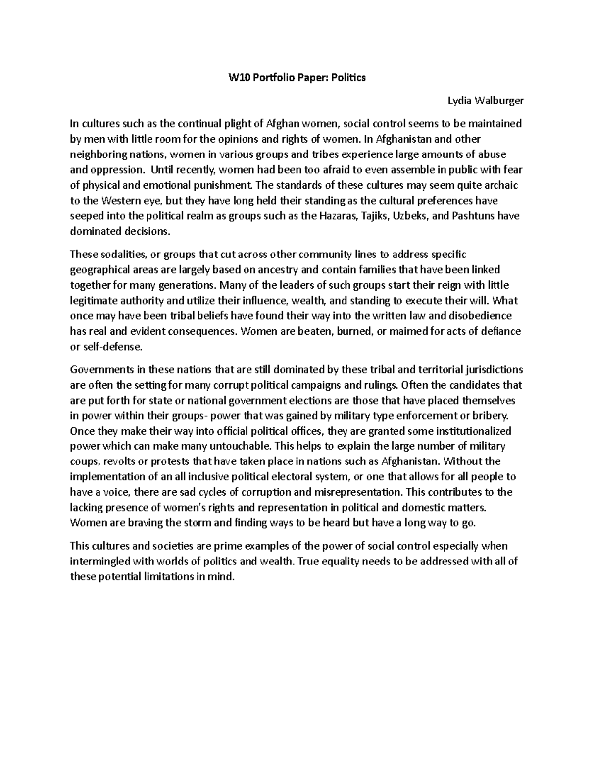 Week 10 Portfolio Paper - Politics - W10 Portfolio Paper: Politics ...