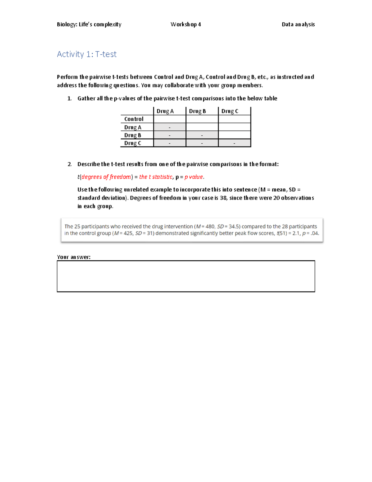 Skills workshop 4 - handout - Biology: Life’s complexity Workshop 4 ...
