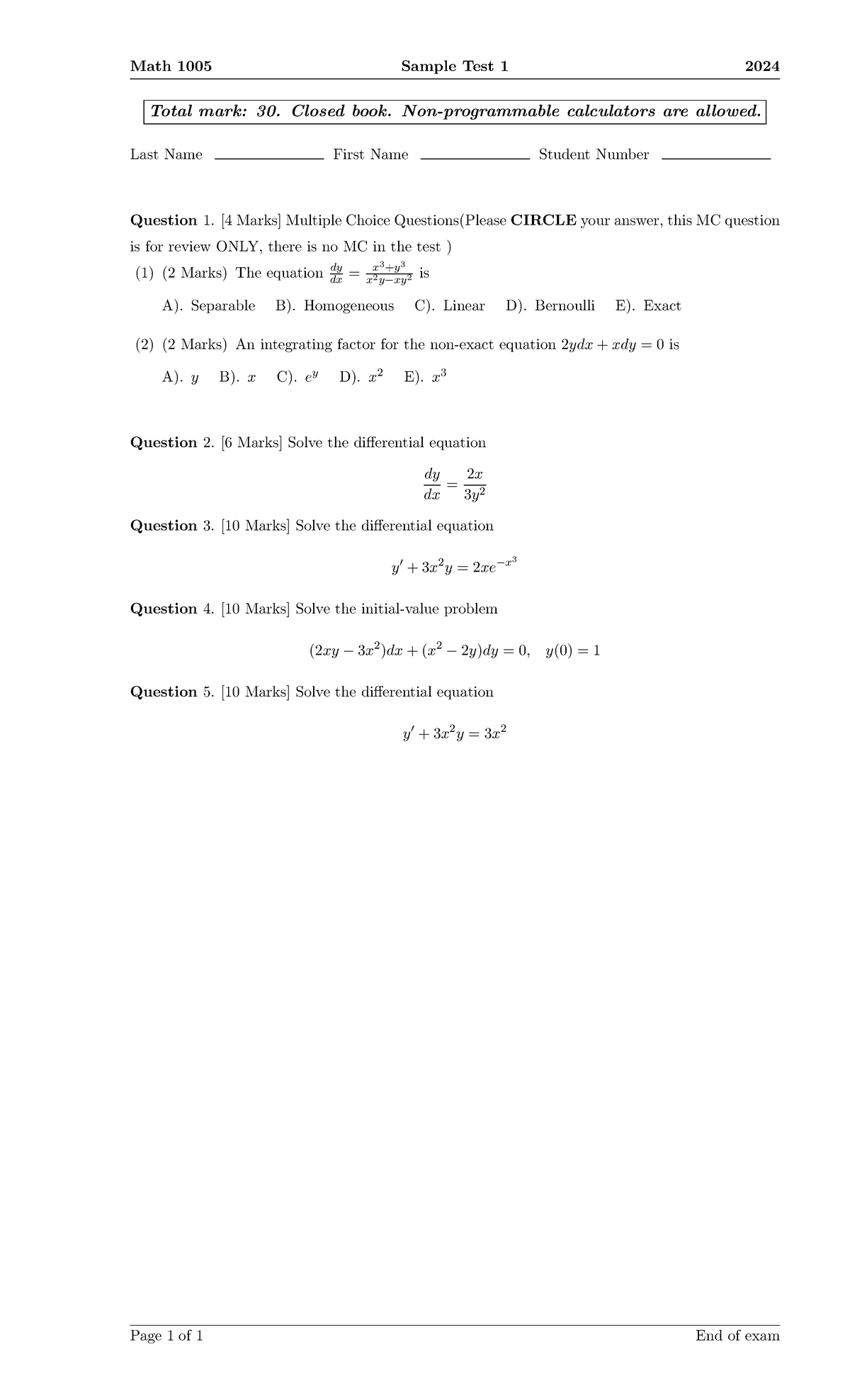 sample test 1 for 2024 - Math 1005 Sample Test 1 2024 Total mark: 30 ...