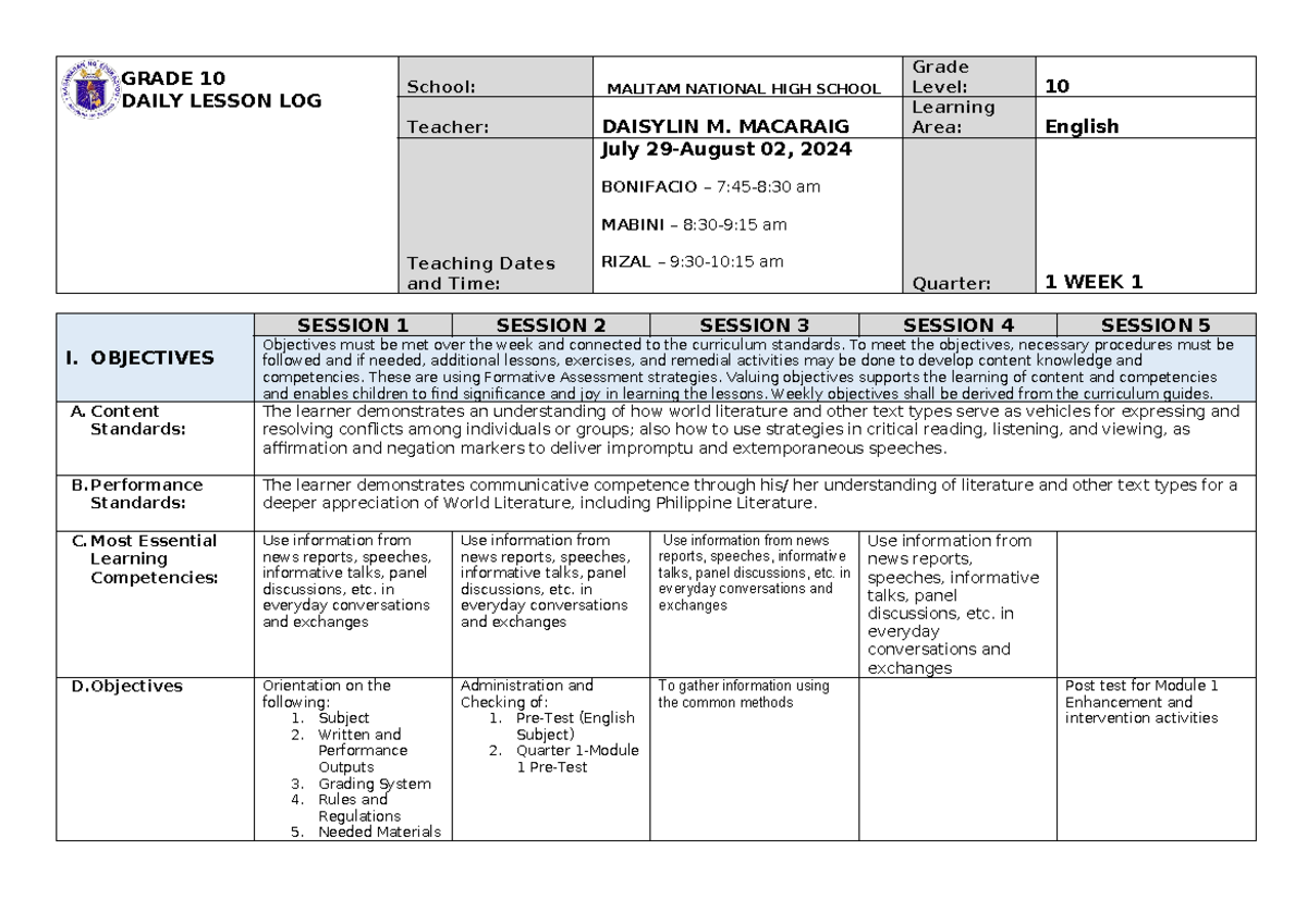 Wk1-DLL-G10English - Daily Lesson Log - GRADE 10 DAILY LESSON LOG ...