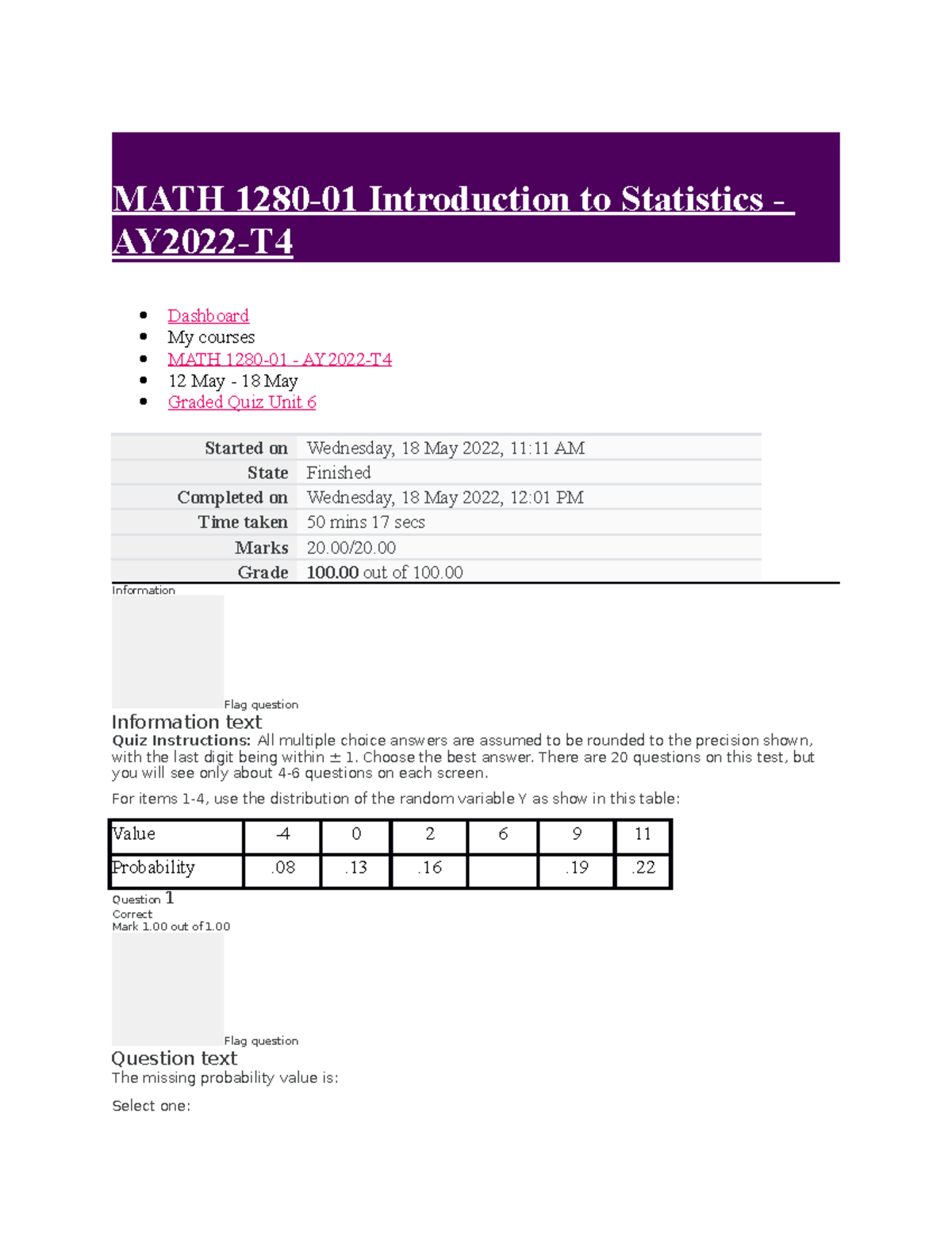 Math 1280 Graded Quiz Unit 6 Math 1280 01 Introduction To Statistics Ay2022 T Dashboard My