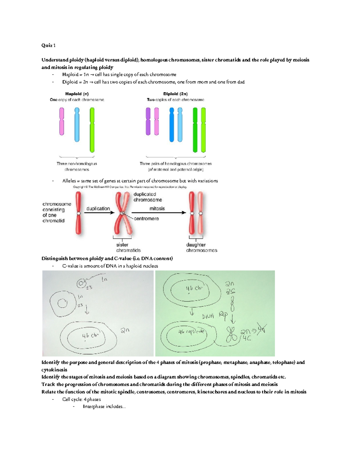 Bio Exam 2 - Lecture notes 11-19 - Quiz 1 Understand ploidy (haploid ...