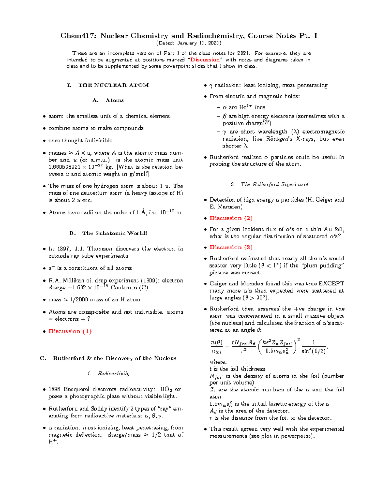 Chem417: Nuclear Chemistry and Radiochemistry Course Notes Pt. I - Studocu